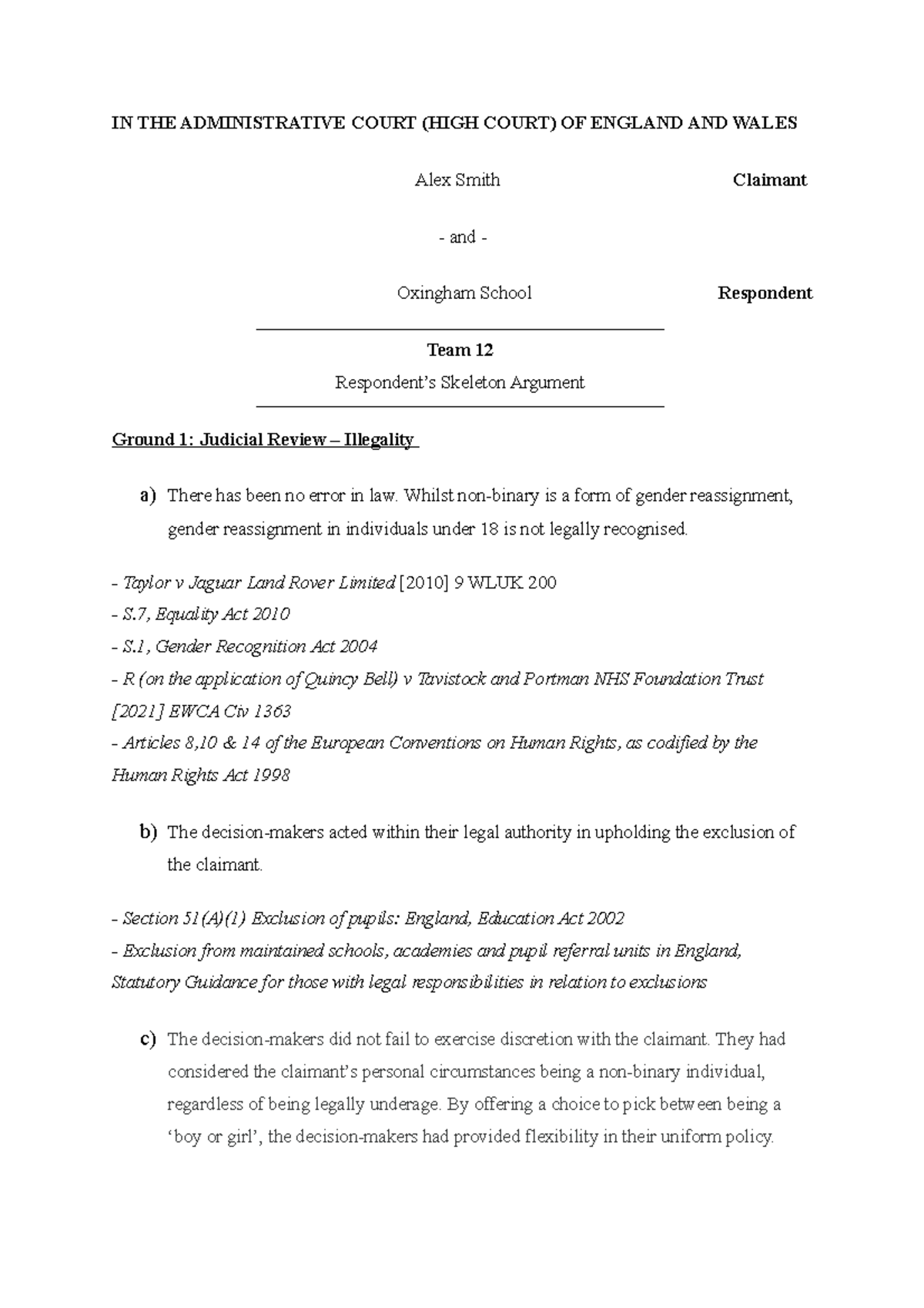 LSE Skeleton Argument - it is very useful - IN THE ADMINISTRATIVE COURT ...