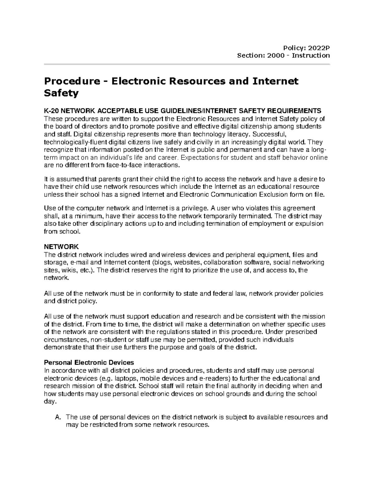 Procedure Electronic Resources and Internet Safety - Policy: 2022P ...