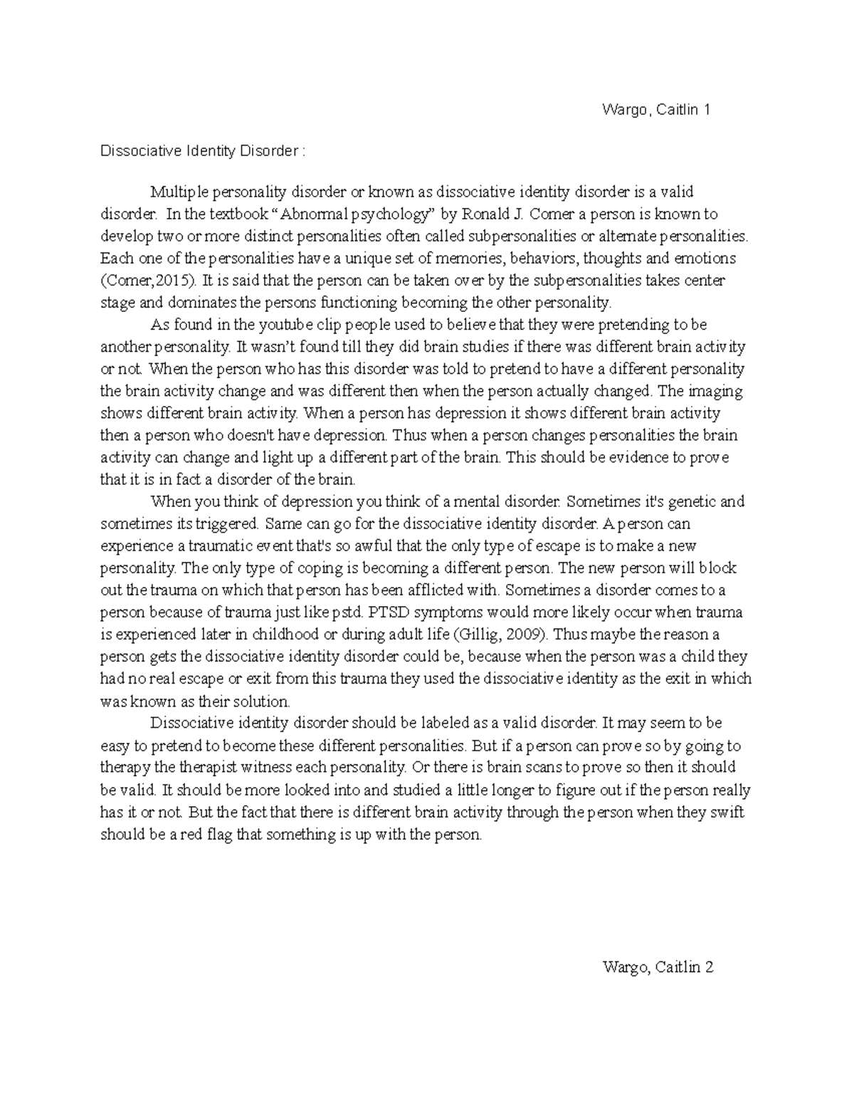 DID - homework assignment - Wargo, Caitlin 1 Dissociative Identity ...