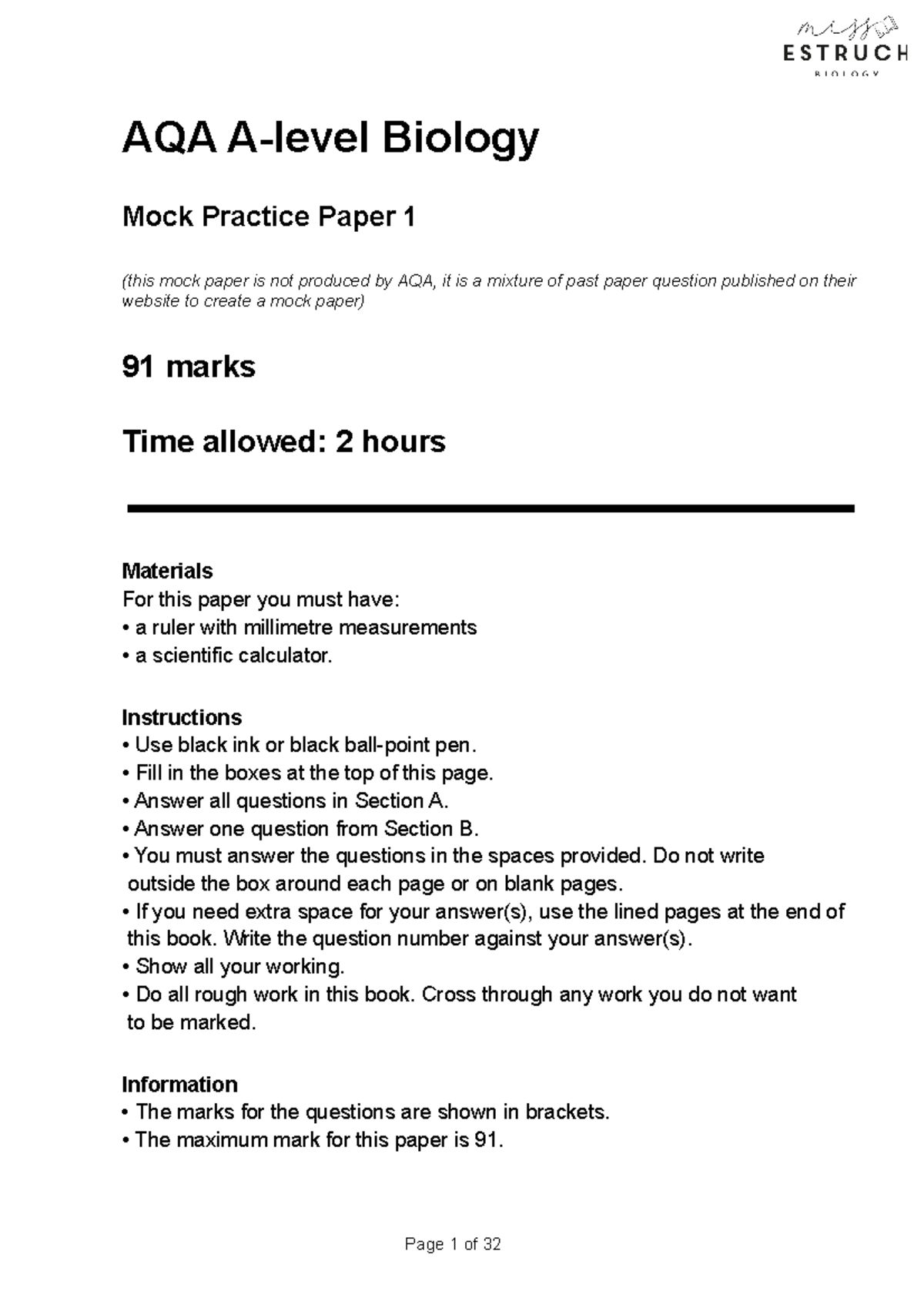 Mock paper 1 sfp7r1 - N/a - AQA A-level Biology Mock Practice Paper 1 ...