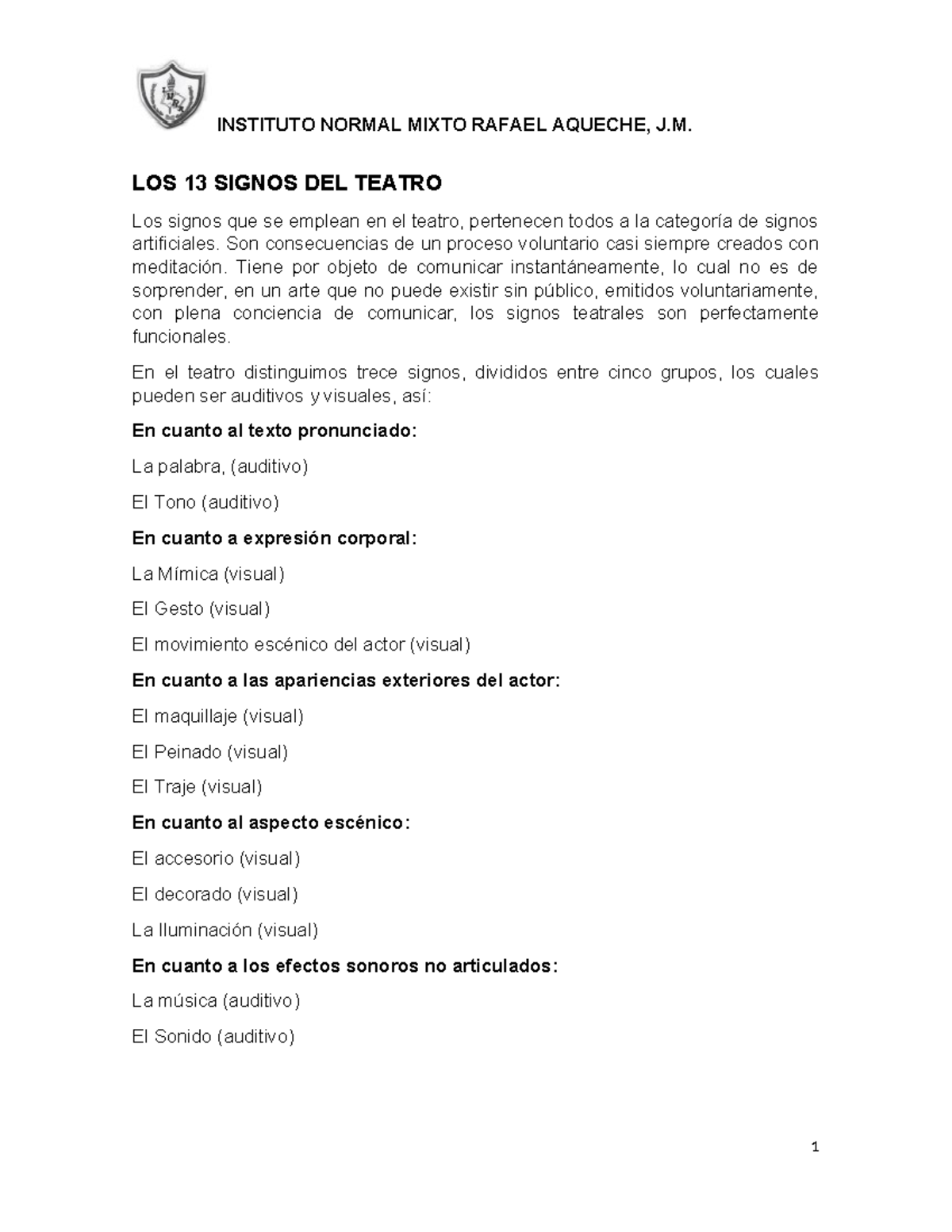 LOS Trece Signos DEL Teatro - INSTITUTO NORMAL MIXTO RAFAEL AQUECHE, J ...