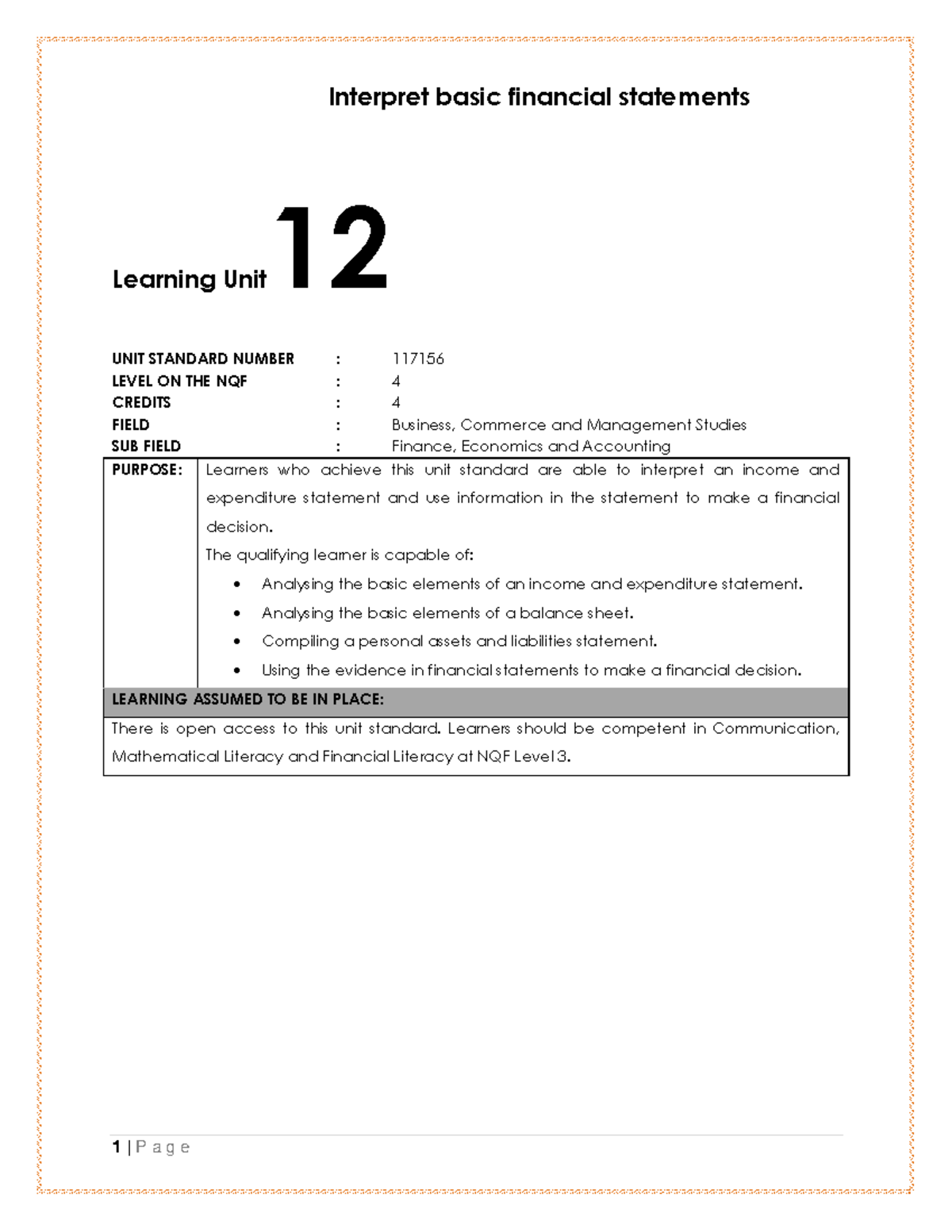 Interpret basic financial statements - Learning Unit 12 UNIT STANDARD ...
