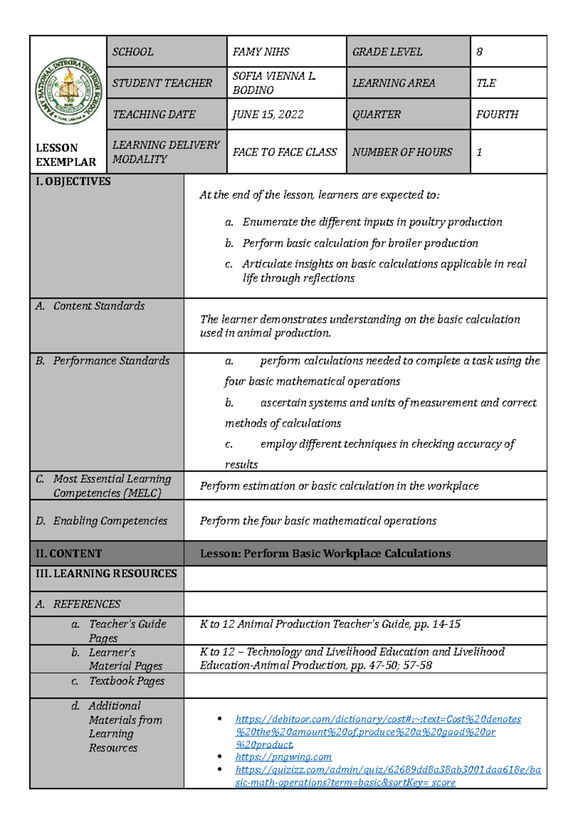 Lesson- Exemplar-edited - LESSON EXEMPLAR SCHOOL FAMY NIHS GRADE LEVEL ...