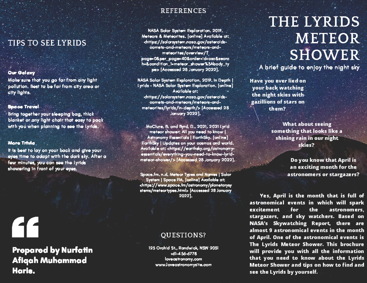 Lyrids Meteor Shower Trifold Informative Brochure - Prepared by ...