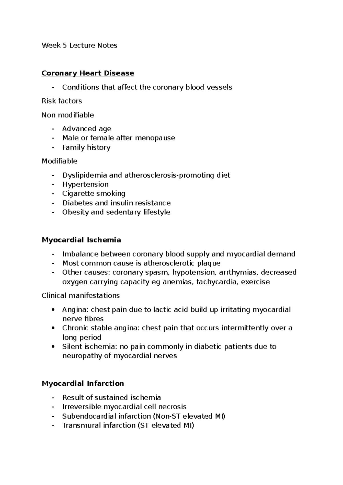 Week 5 Lecture Notes - Coronary Heart Disease, Myocardial Infarction ...