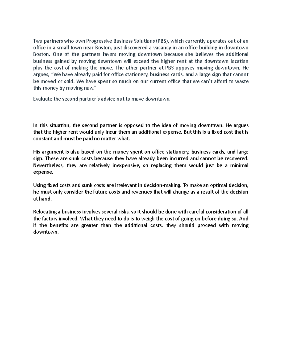 ECON Assignment 1 - Progressive Business Solutions (PBS) - Two partners ...