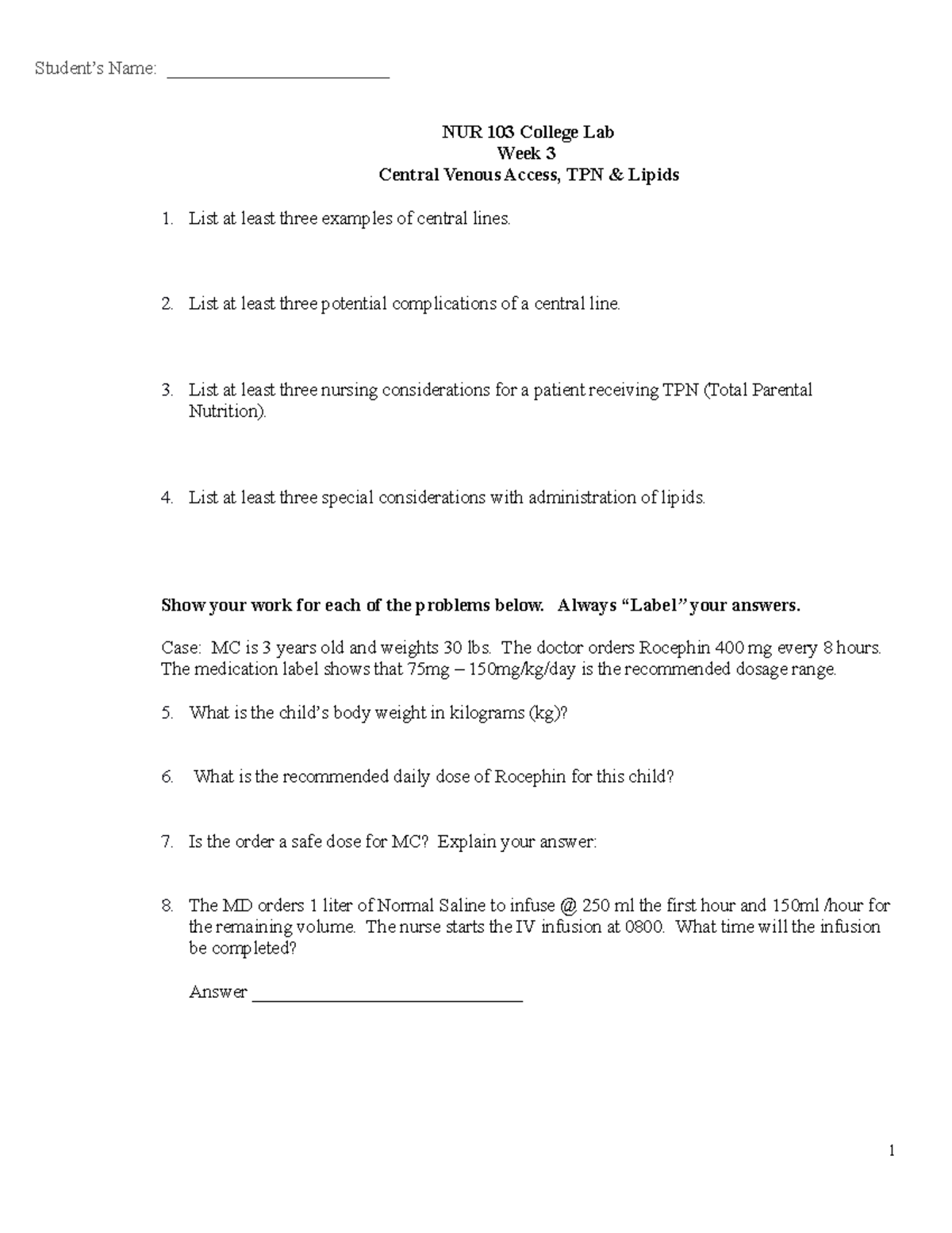 Week 3 Central Line-TPN-Lipid-Math Worksheet - Student’s Name ...