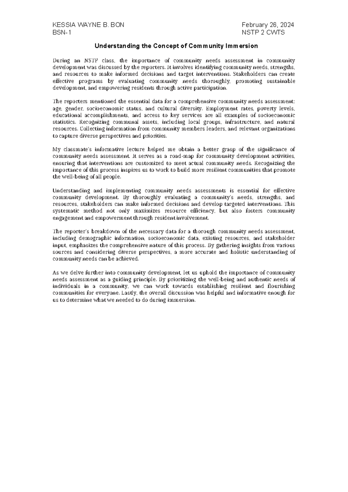 Understanding the Concept of Community Immersion - KESSIA WAYNE B. BON ...