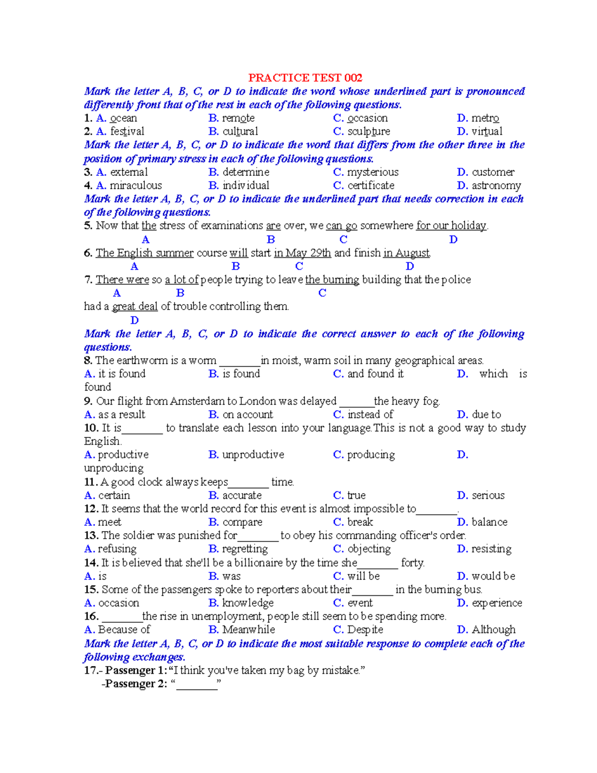 Practice TEST 002 - ... - PRACTICE TEST 002 Mark the letter A, B, C, or ...