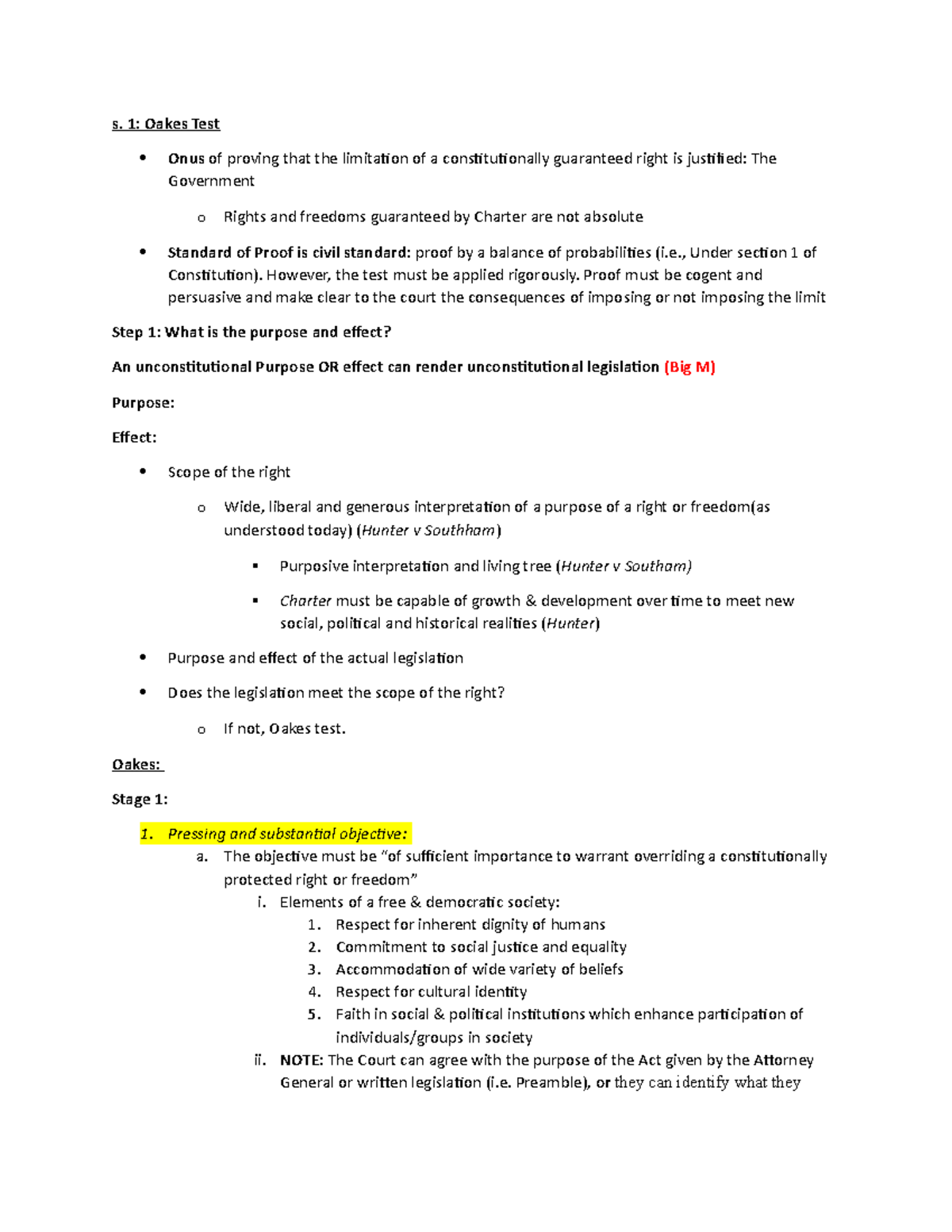 Constitutional Final EXAM Outline - s. 1: Oakes Test Onus of proving ...