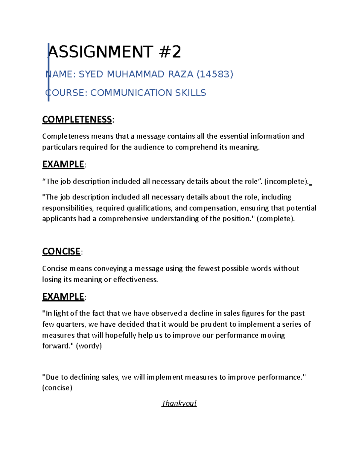 Communication Skills Assignment #2 - ASSIGNMENT NAME: SYED MUHAMMAD ...