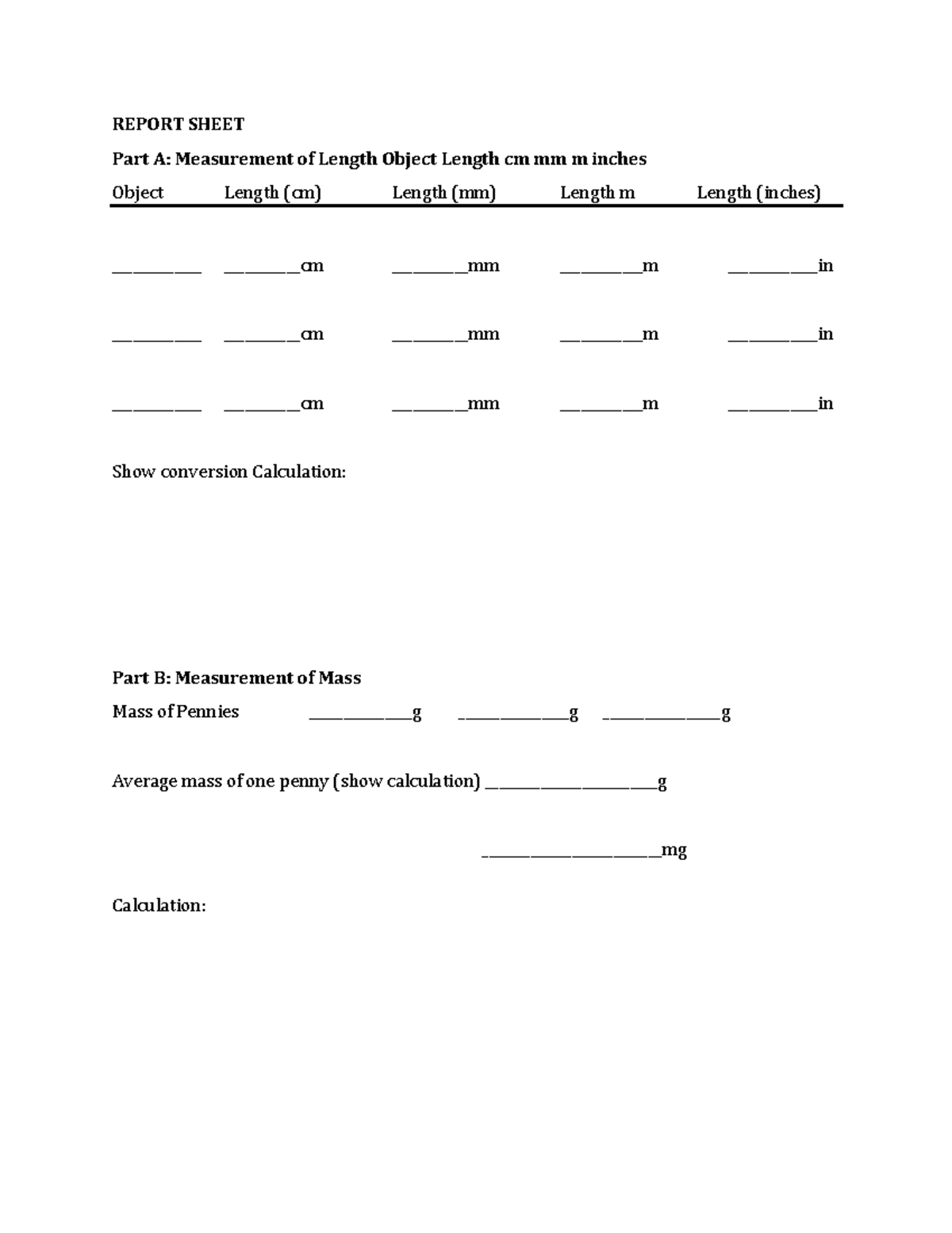 Lab Report Form - Lab 1 - REPORT SHEET Part A: Measurement of Length ...