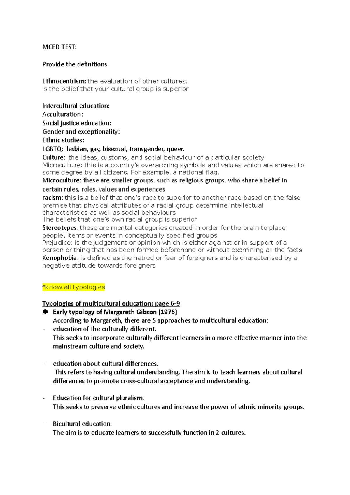 MCED TEST - MCED TEST: Provide the definitions. Ethnocentrism: the ...