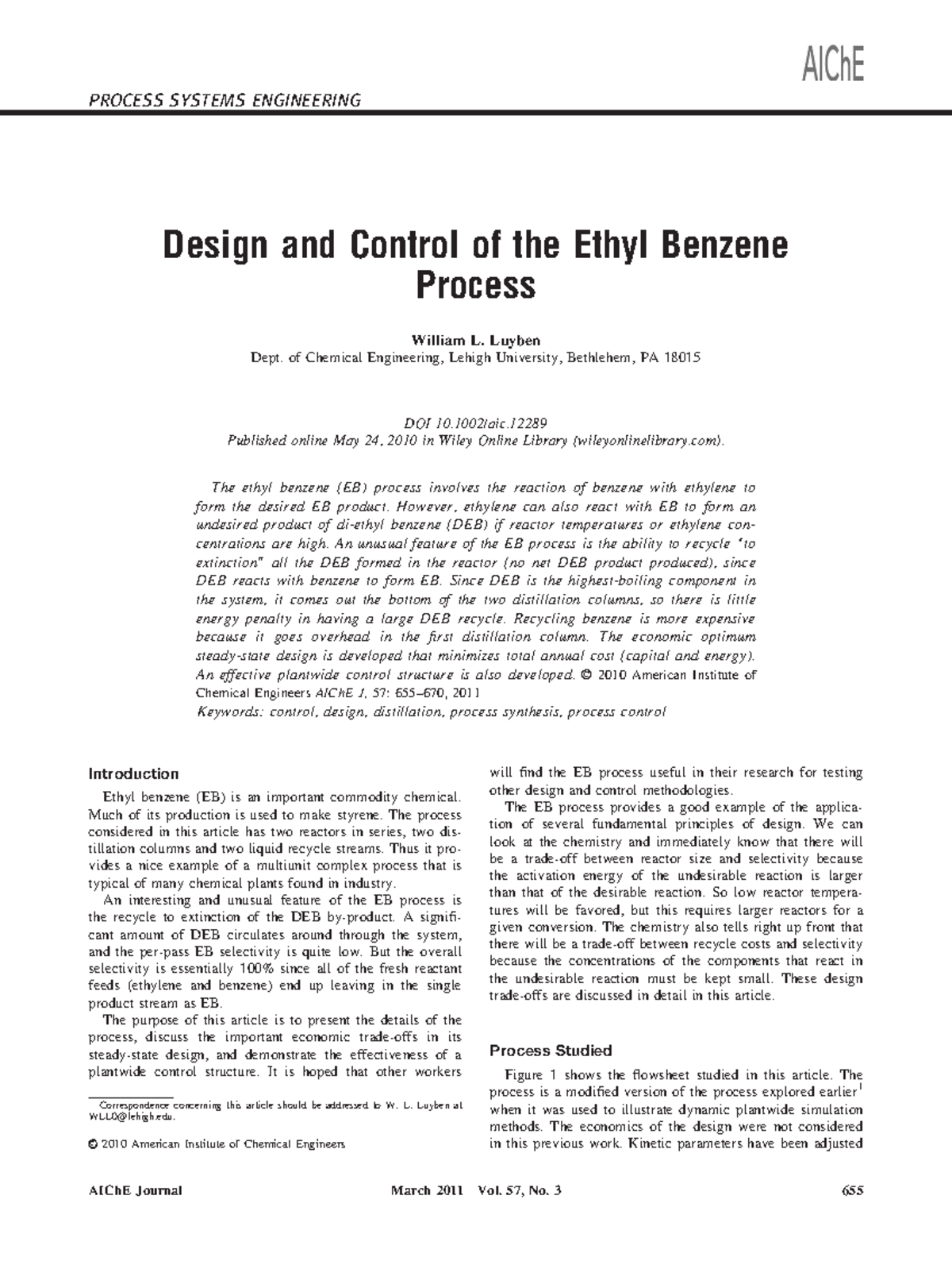 Luyben 2010 - it is reference paper - Design and Control of the Ethyl ...