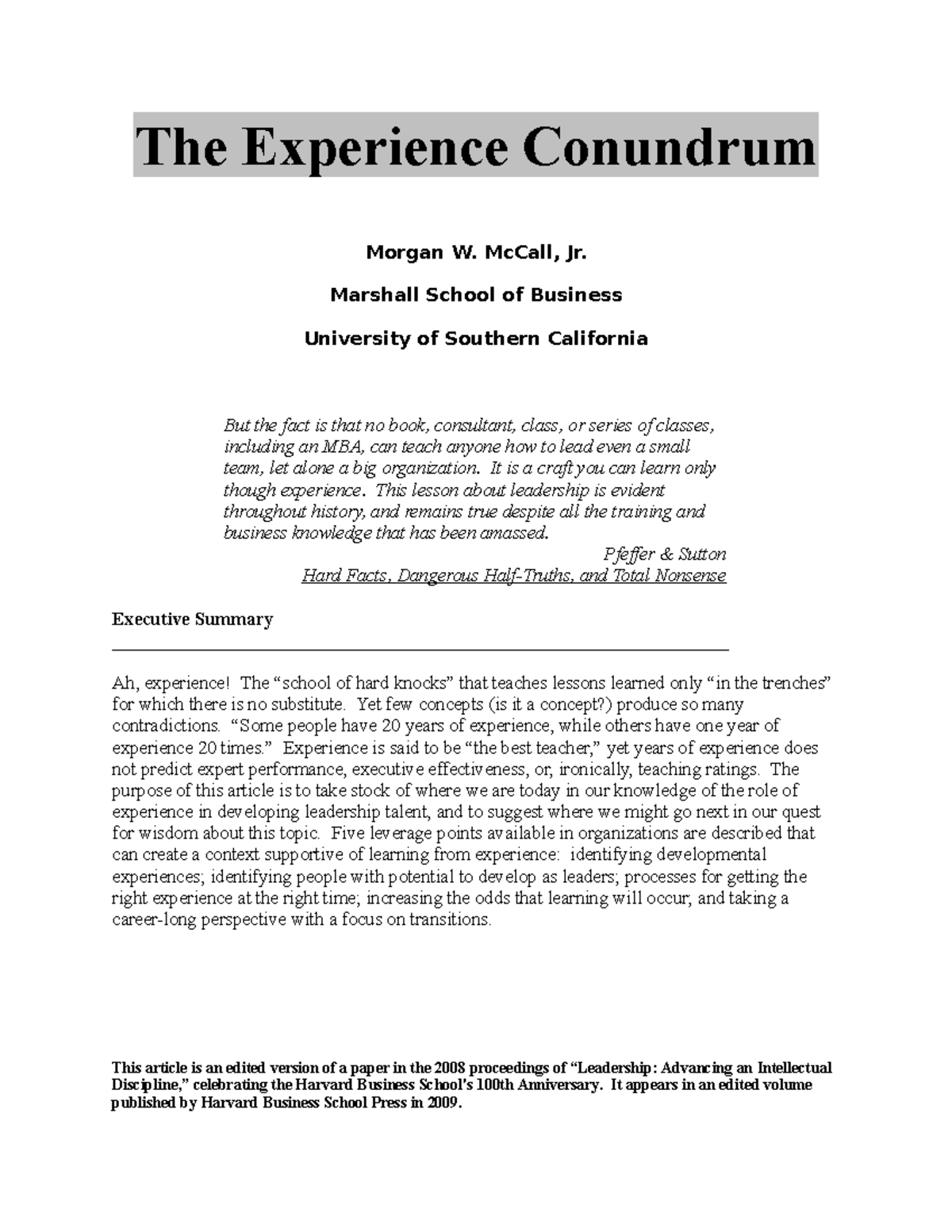 The Experience Conundrum-4 - The Experience Conundrum Morgan W. McCall ...