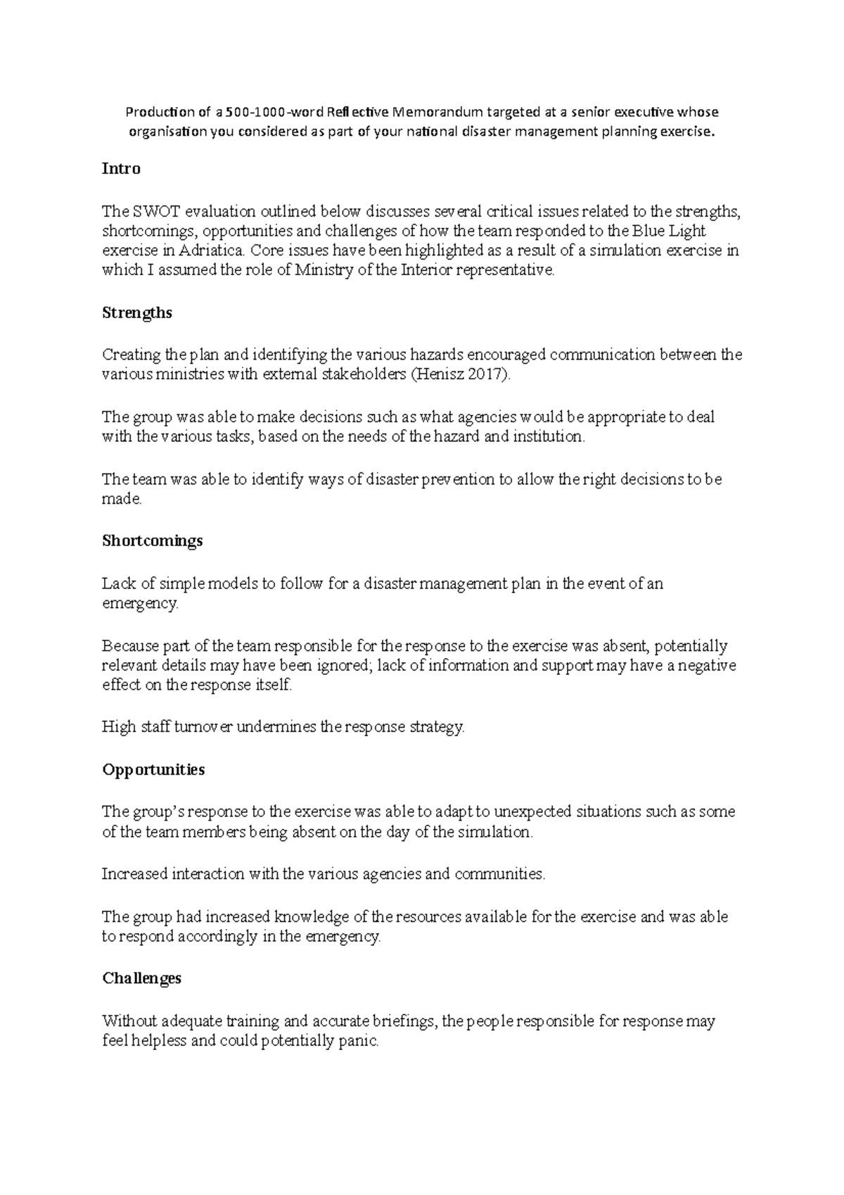 SWOT Analysis of exercise - Production of a 500-1000-word Reflective ...