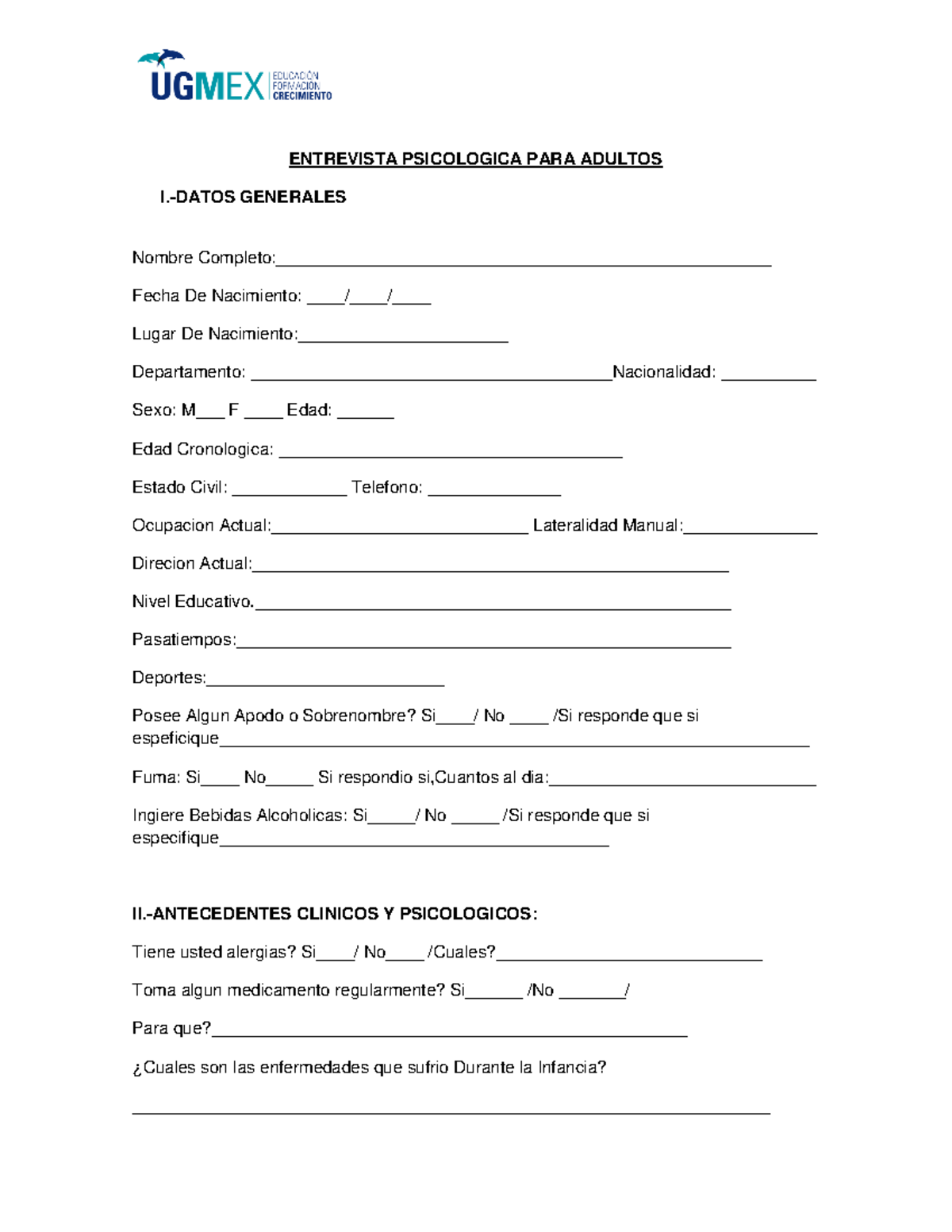 Entrevista Psicologica PARA Adultos - ENTREVISTA PSICOLOGICA PARA ...