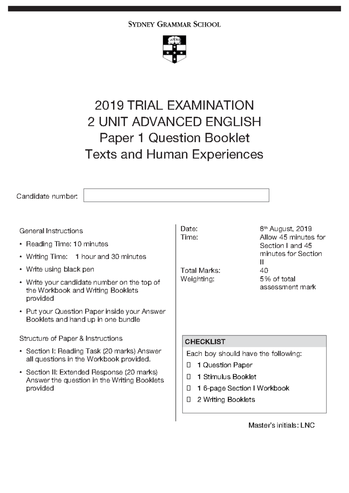 Sydney Grammar 2019 English Trial Paper 1 - 201 9 TRIAL EXAMINATION 2 ...