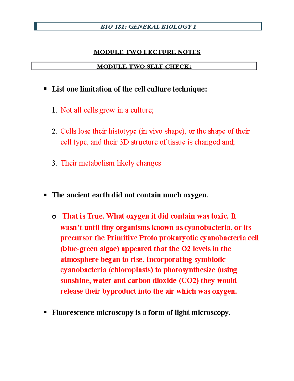 BIO 181 Module TWO SELF Check - BIO 181: GENERAL BIOLOGY 1 MODULE TWO ...