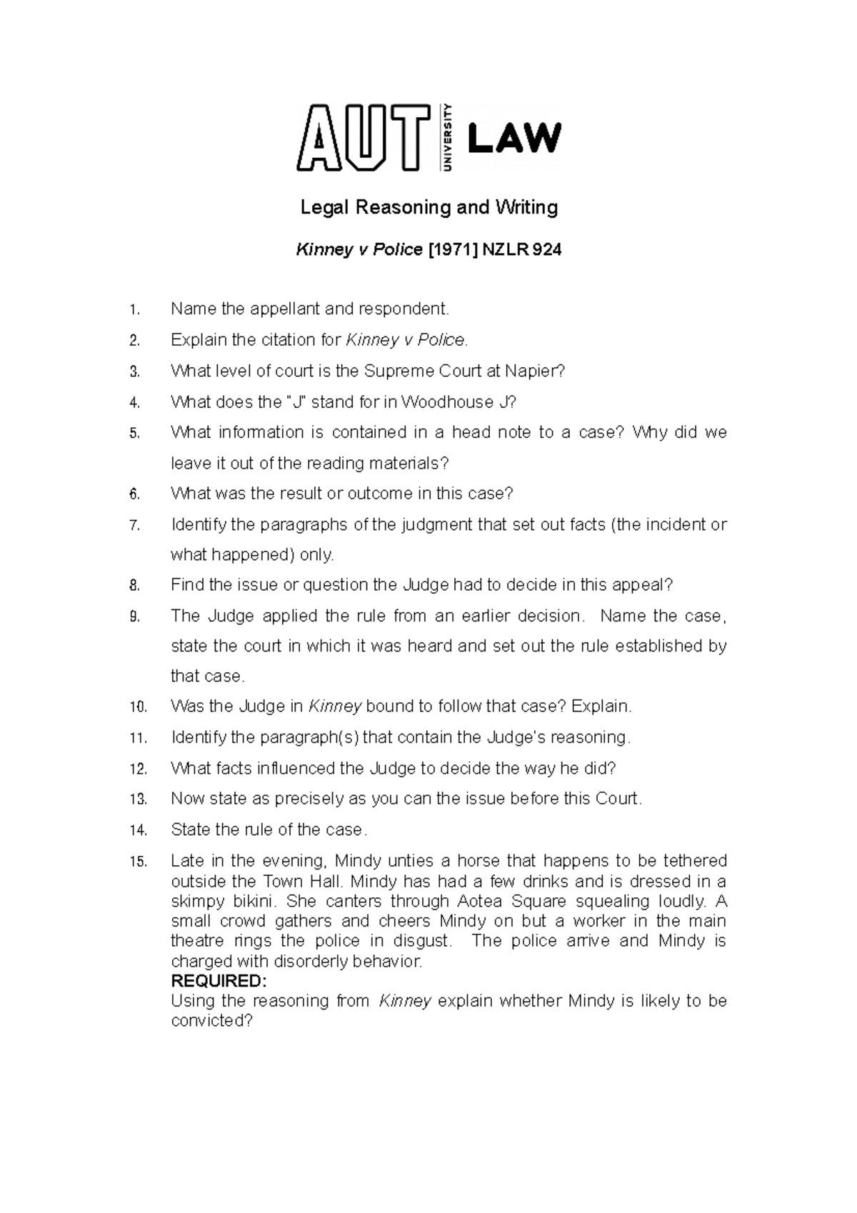 Kinney v Police questions - Legal Reasoning and Writing Kinney v Police ...