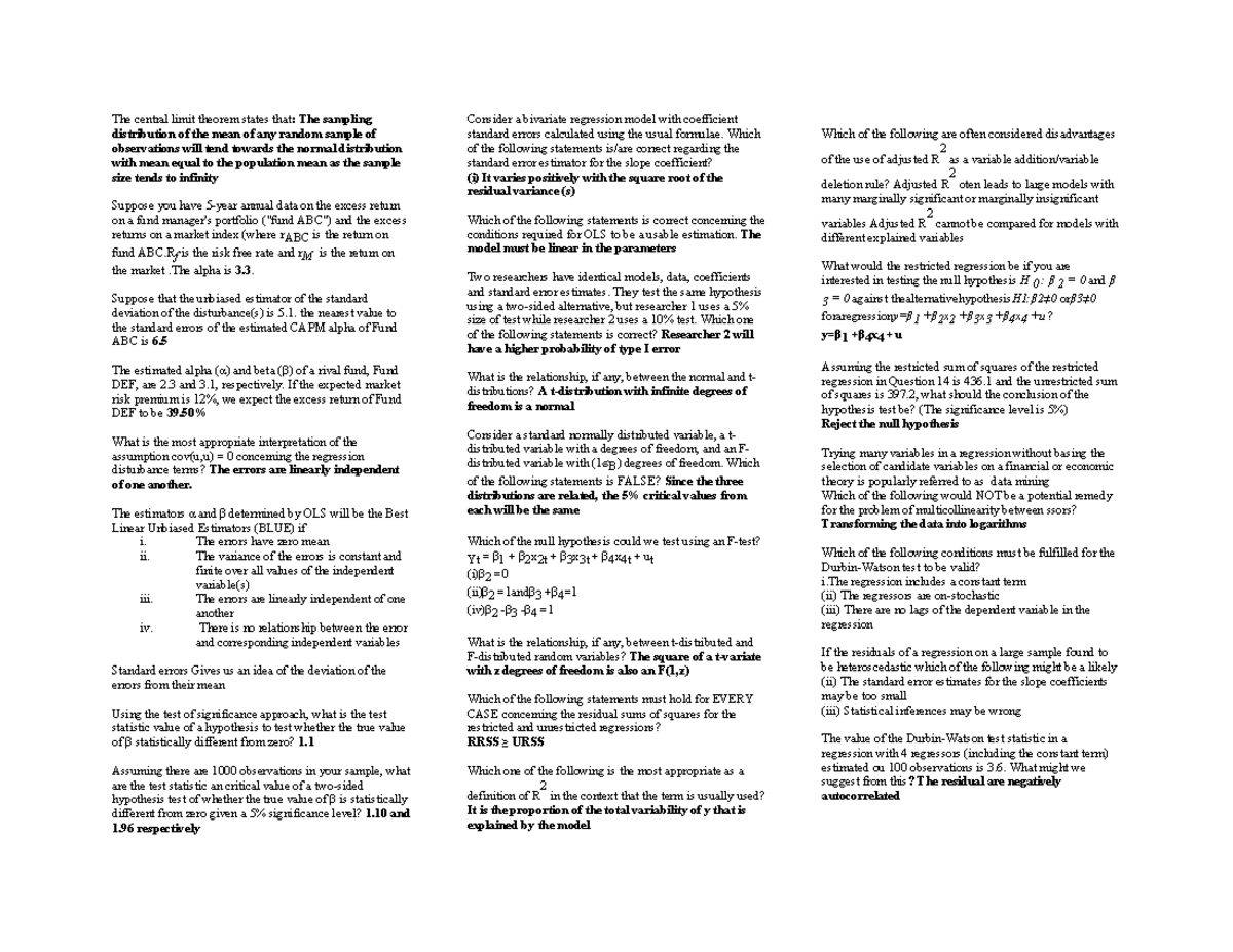 Cheatsheet fin 818 - The central limit theorem states that: The ...