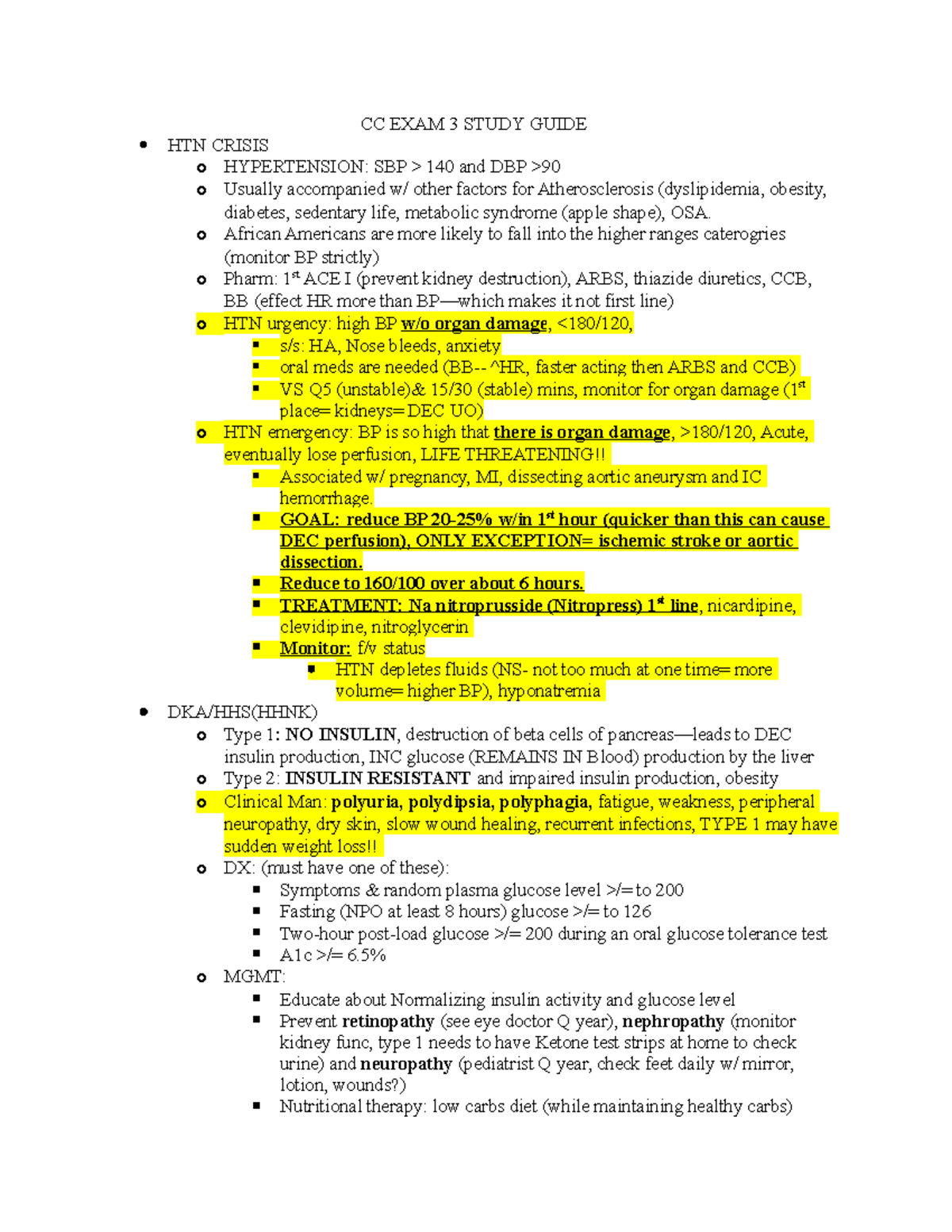 CC EXAM 3 Study Guide copy - CC EXAM 3 STUDY GUIDE HTN CRISIS o ...