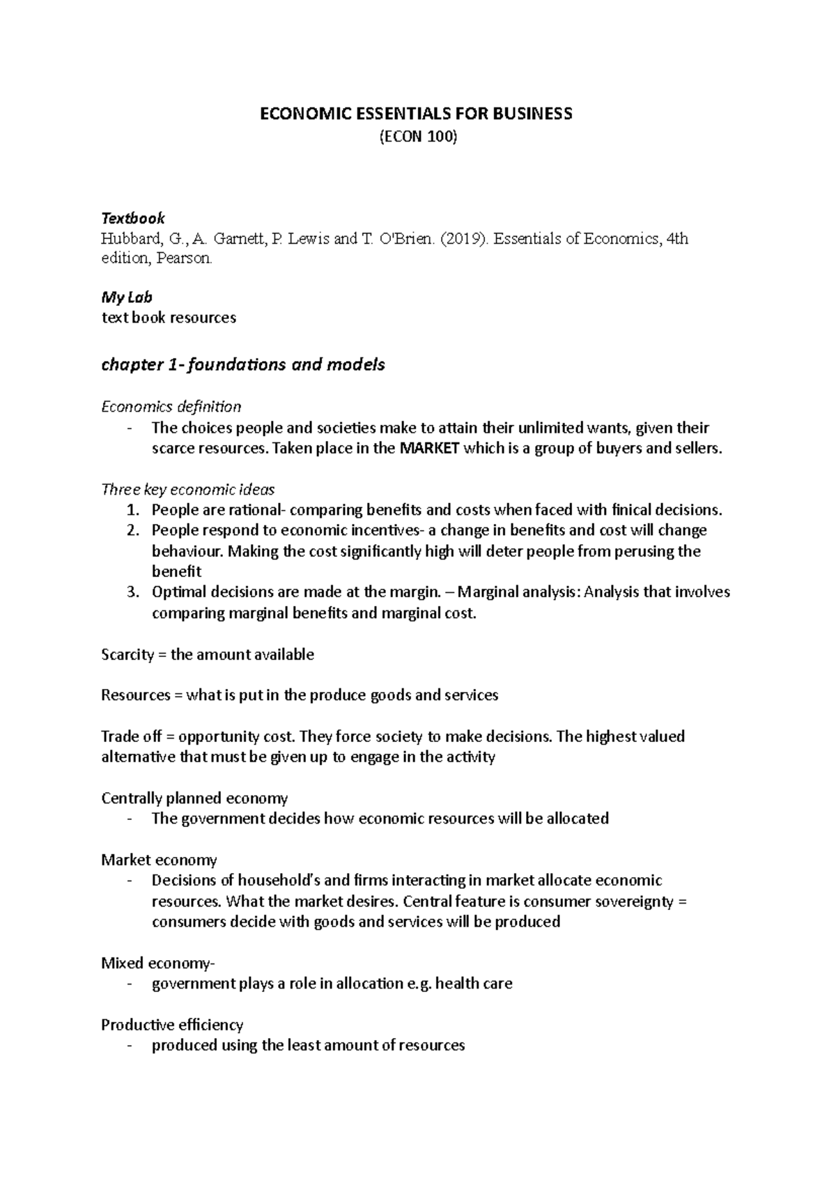 ECON 100 lectures - Lecture notes - ECONOMIC ESSENTIALS FOR BUSINESS ...