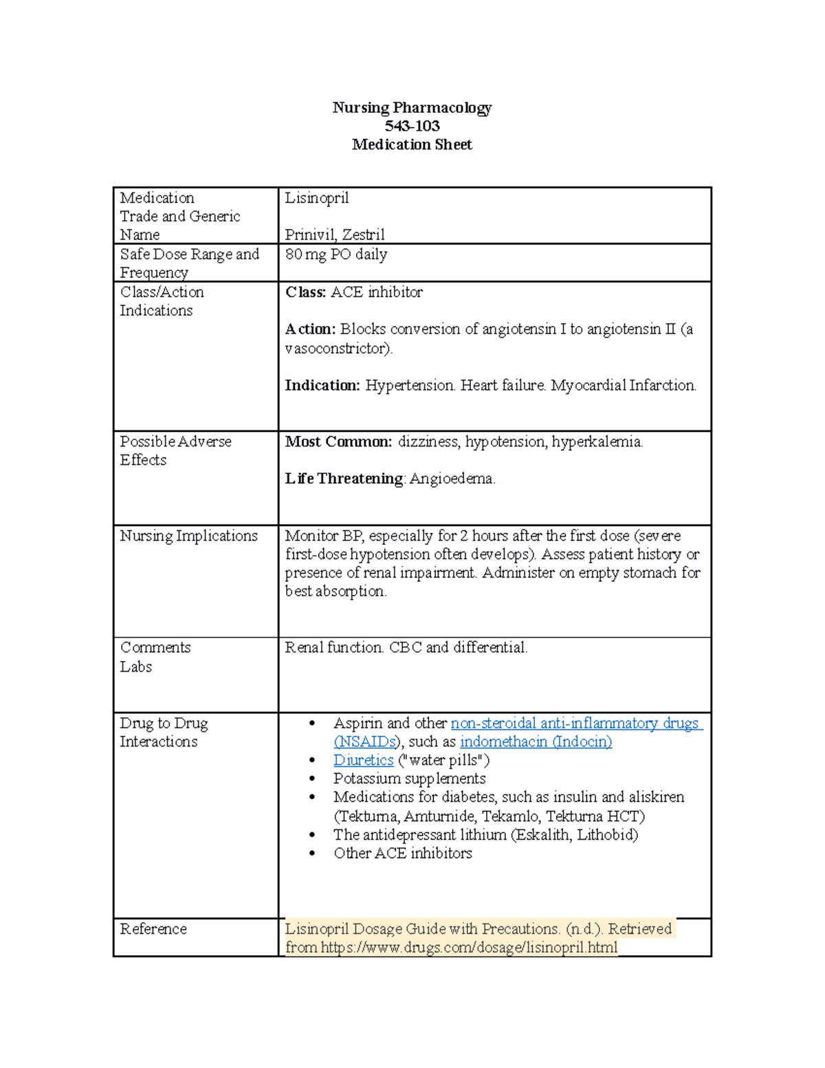 ACE Inhibitor Med Sheet - Nursing Pharmacology 543- Medication Sheet ...