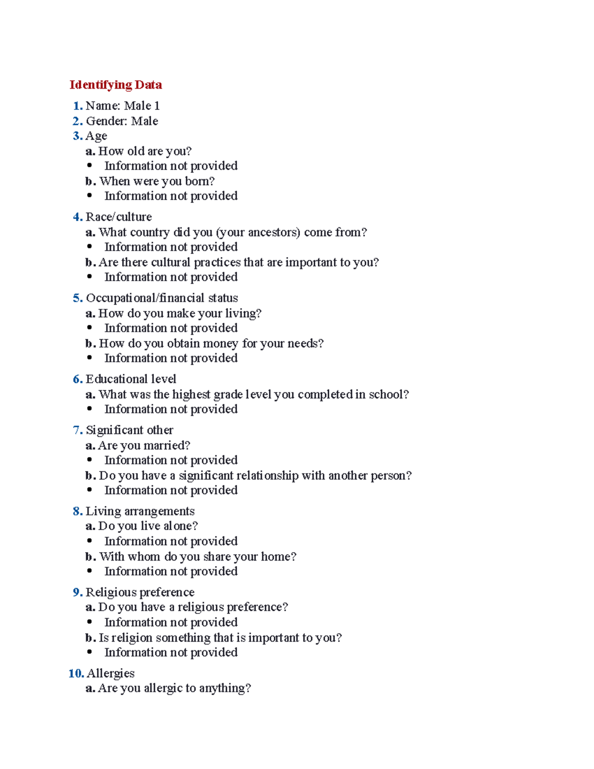 4 patient case study - Identifying Data 1. Name: Male 1 2. Gender: Male ...