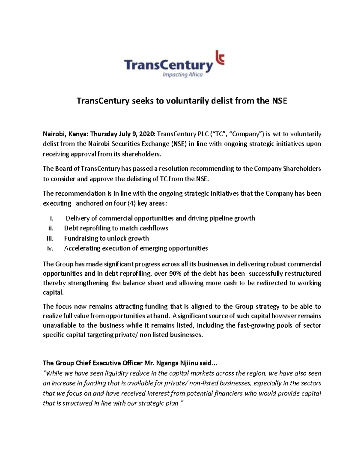 Trans Century Press Release July 2020 delisting - TransCentury seeks to ...