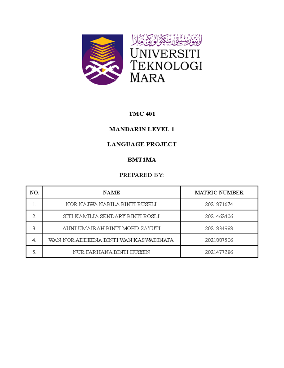 TMC401 Language Project Script Mandarin level 1 - TMC 401 MANDARIN LEVEL 1 LANGUAGE PROJECT ...