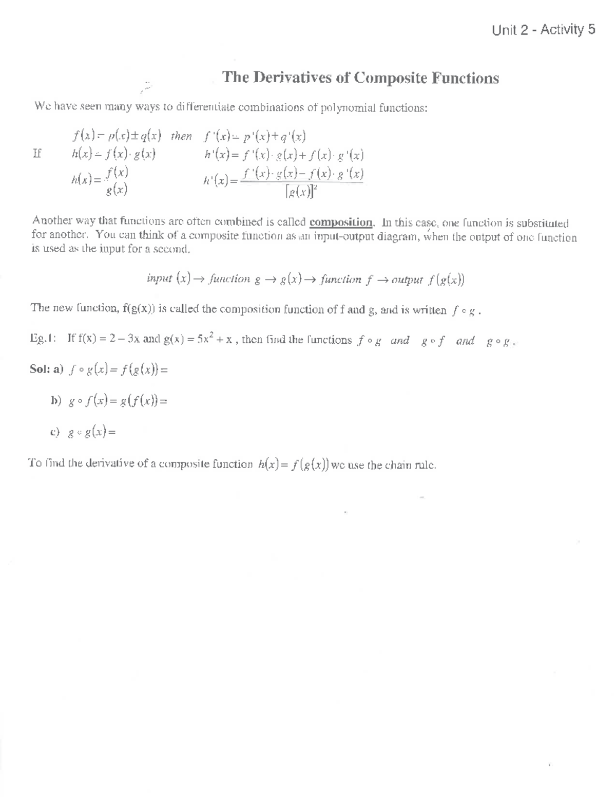 Activity 5 The Derivatives Of Composite Functions Mcv4u The Chain