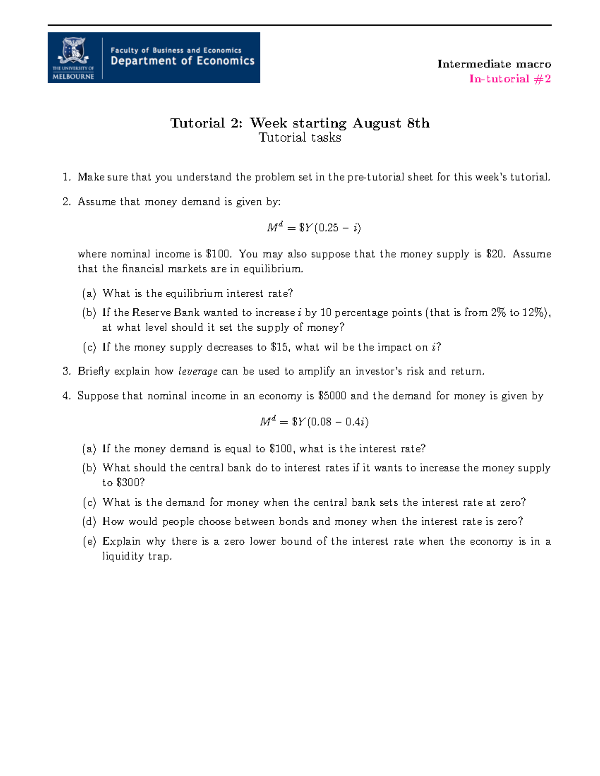 Intutorial 2 In Tutorial Questions For Week 3 Tutorial 2 Intermediate Macro In Tutorial