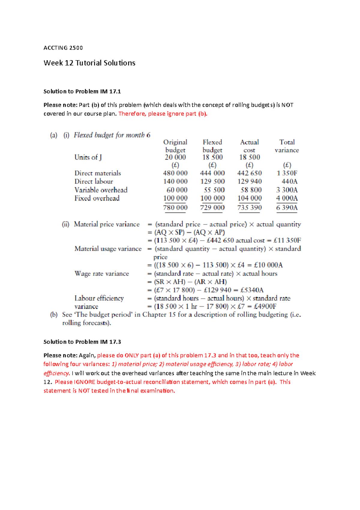 Week 12 Tute Solutions for IM Problems - ACCTING 2500 Week 12 Tutorial ...
