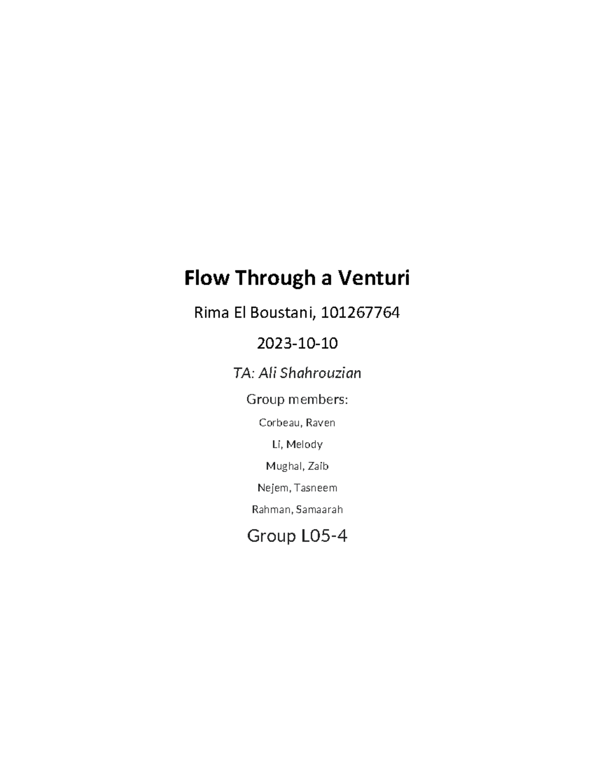 Lab1 MAAE 2300, Rima El Boustani, 101267764, L05-4 - Flow Through a ...