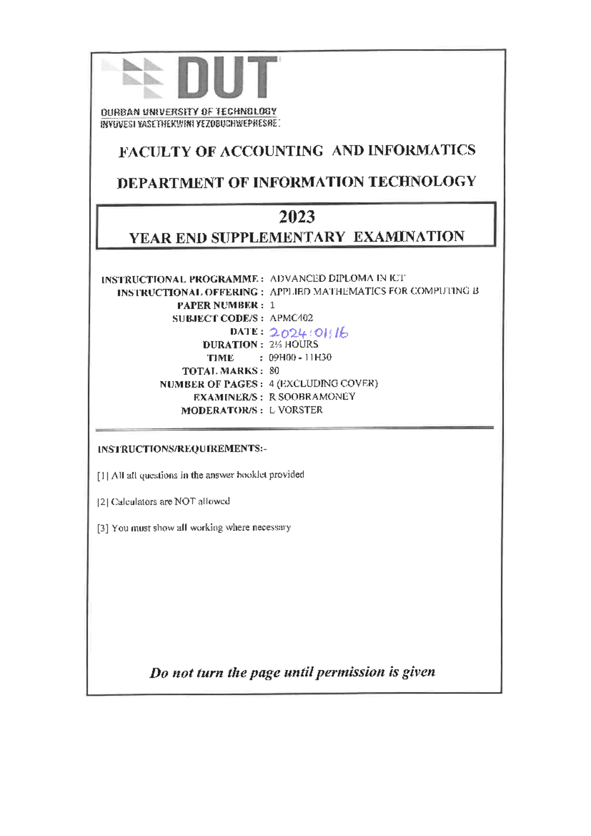 2023 YEAR END SUPP QP Applied Mathematics FOR Computing B APMC402 - DUT DURBAN UNIVERSITY OF ...