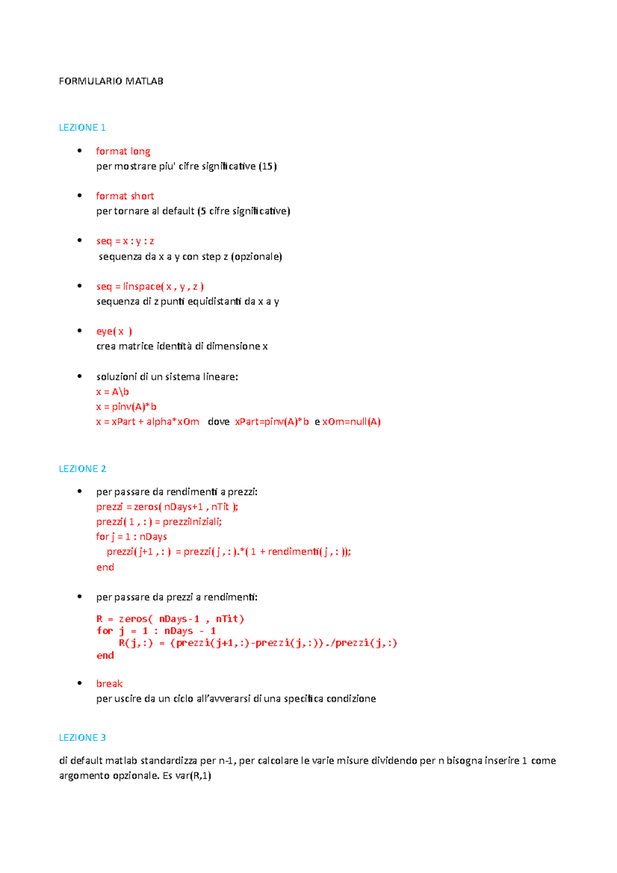 Formulario Matlab - FORMULARIO MATLAB LEZIONE 1 format long per ...
