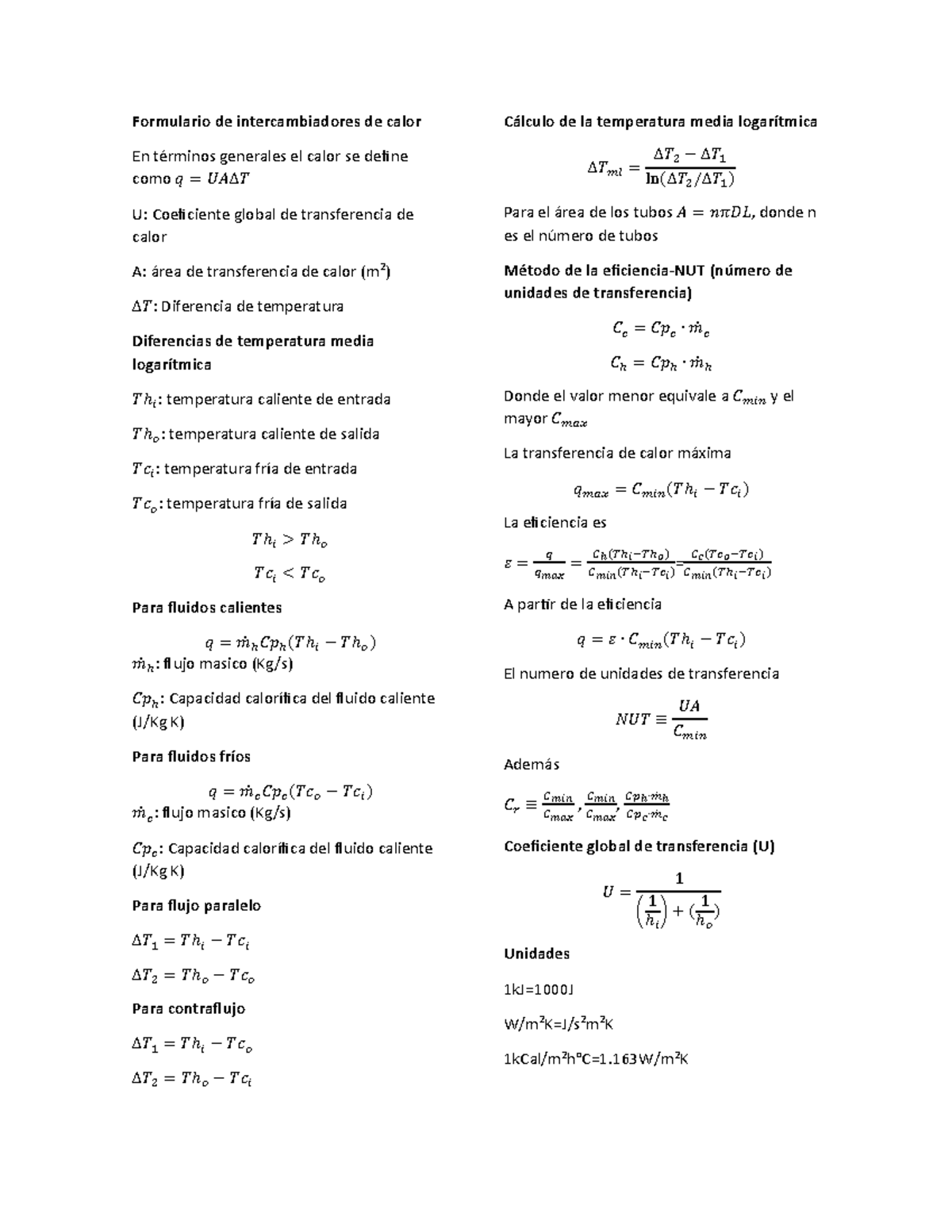 Formulario de intercambiadores de calor - Studocu