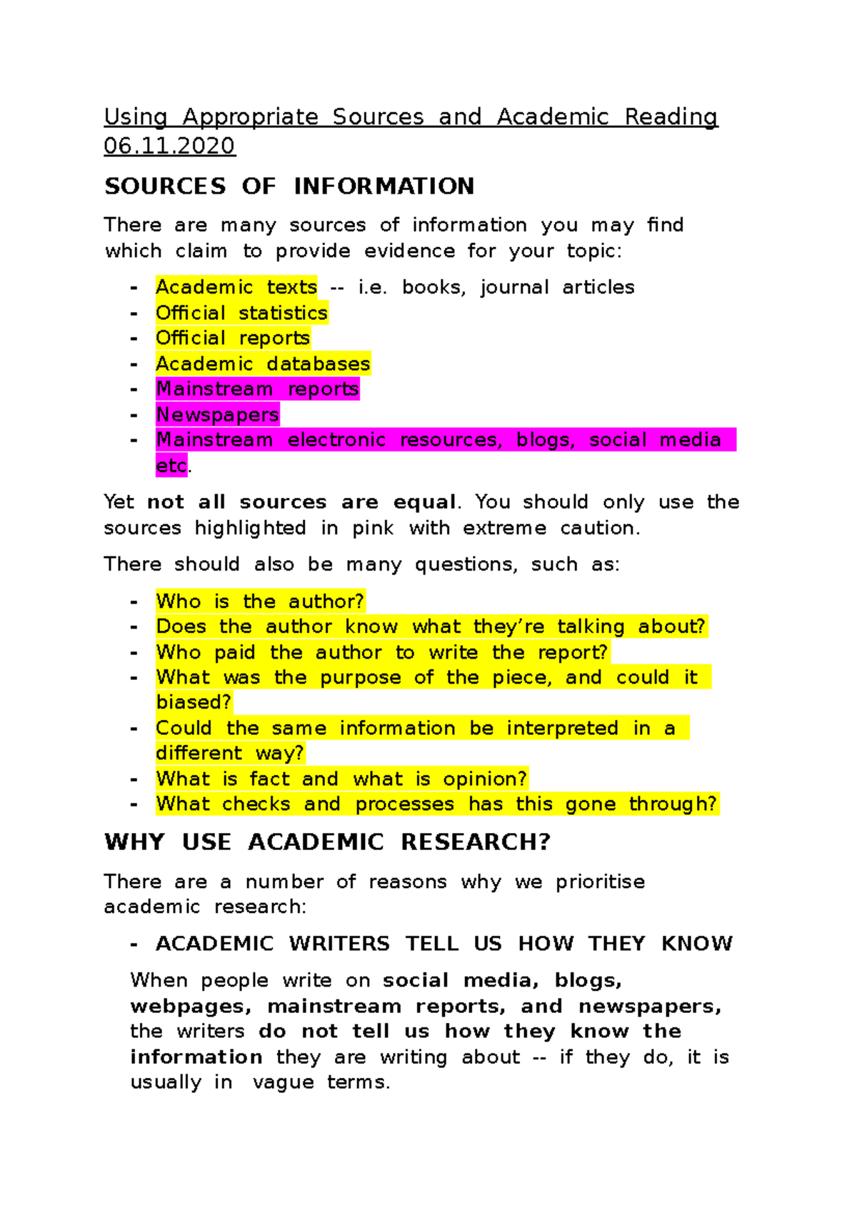 Using Appropriate Sources and Academic Reading - SOURCES OF INFORMATION ...