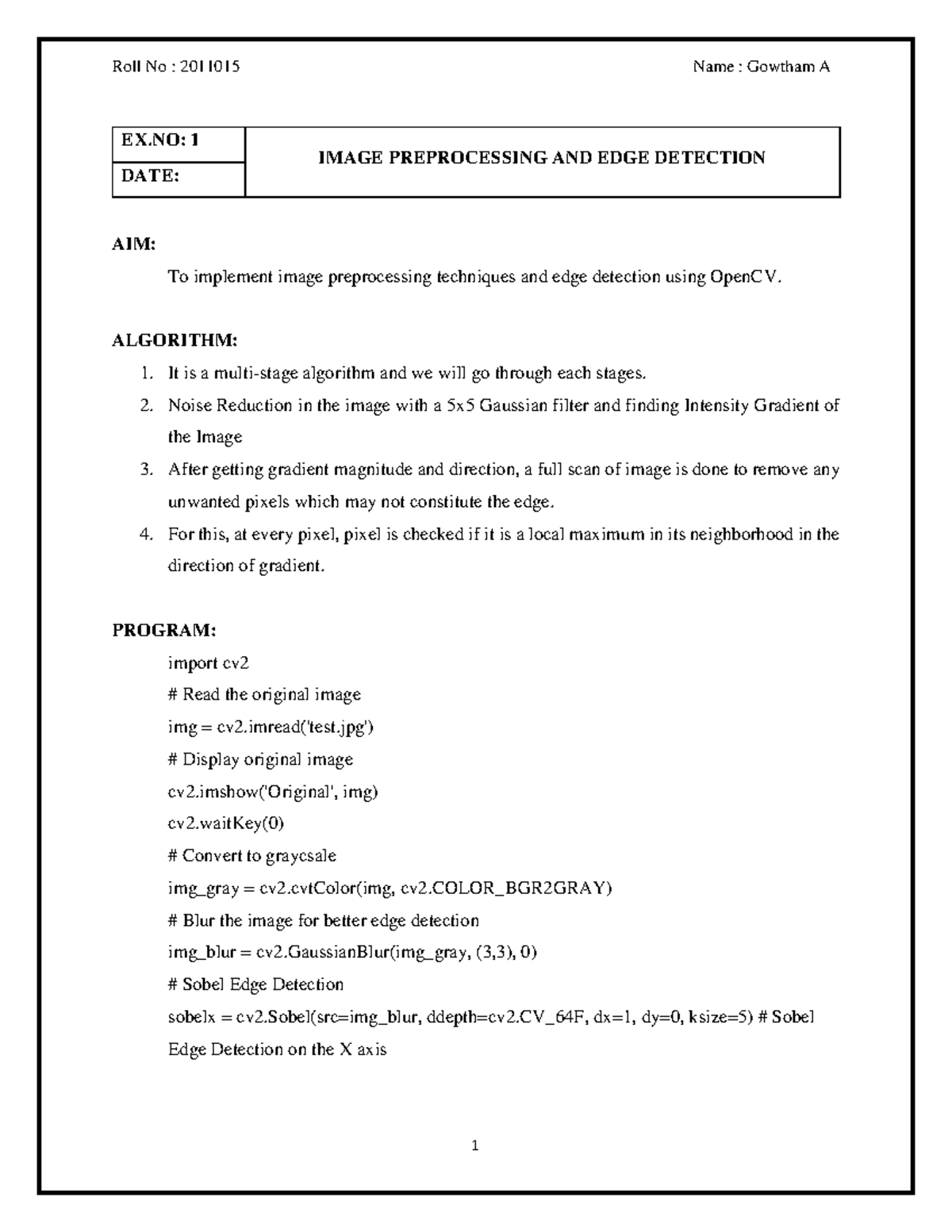 CV Programs - AIM: To implement image preprocessing techniques and edge ...