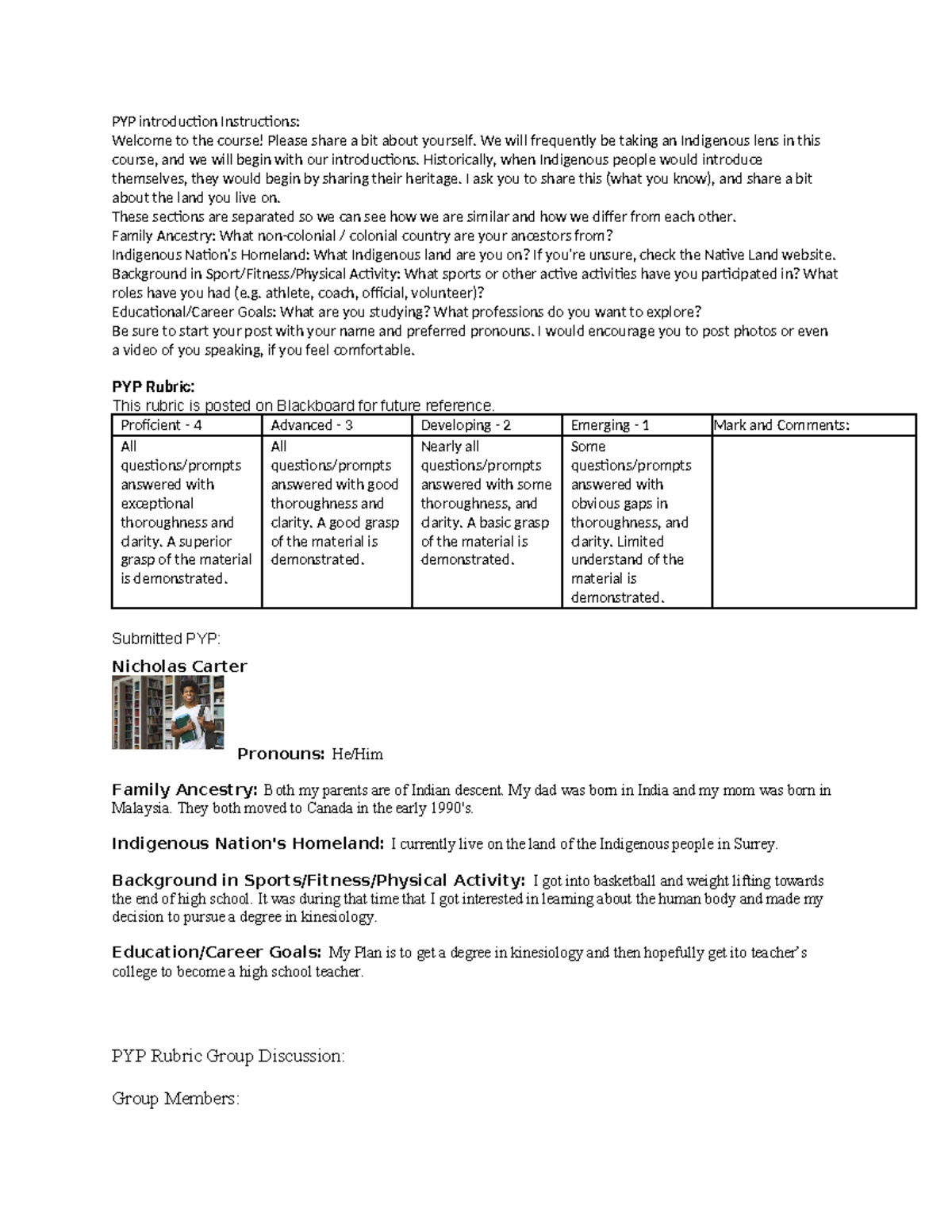 PYP Rubric Assignment - Summary Introduction to Kinesiology - PYP introduction Instructions ...