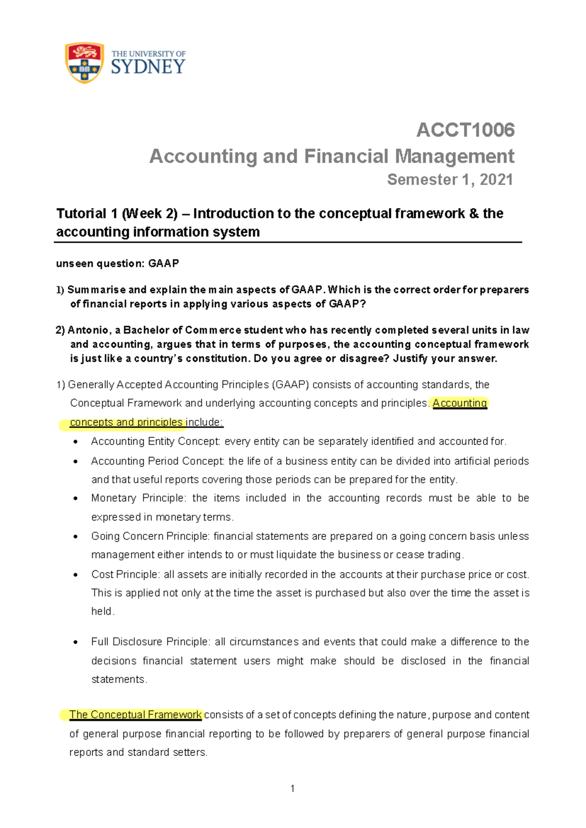 Tut1内容 - ACCT1006 - 1 ACCT Accounting and Financial Management Semester ...