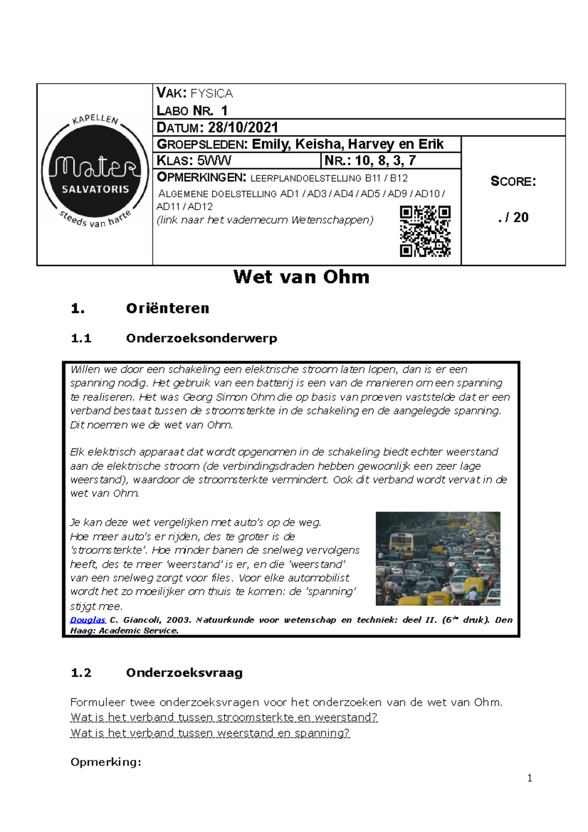 5WW labo 1 Wet van Ohm 2021-2022 - VAK: FYSICA LABO NR. 1 DATUM: 28/10 ...