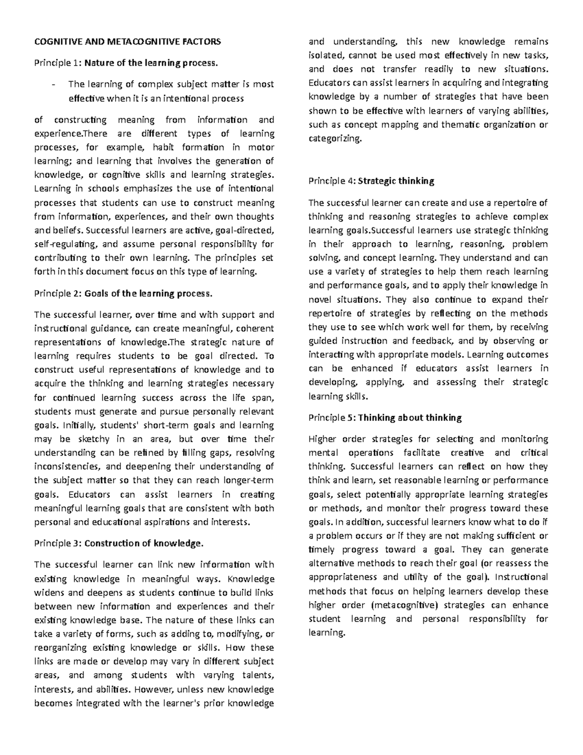 EDUC 101 Reviewer - COGNITIVE AND METACOGNITIVE FACTORS Principle 1 ...