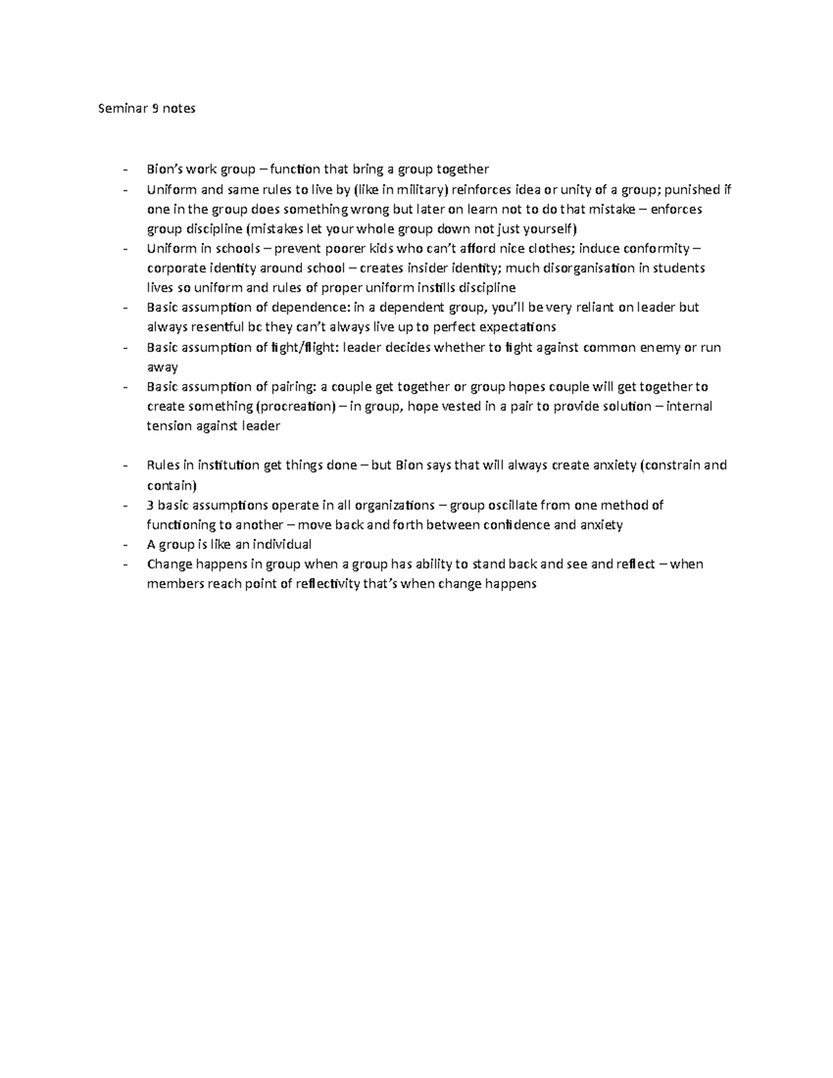 Seminar 9 notes - Group Behaviour - Seminar 9 notes Bion’s work group ...