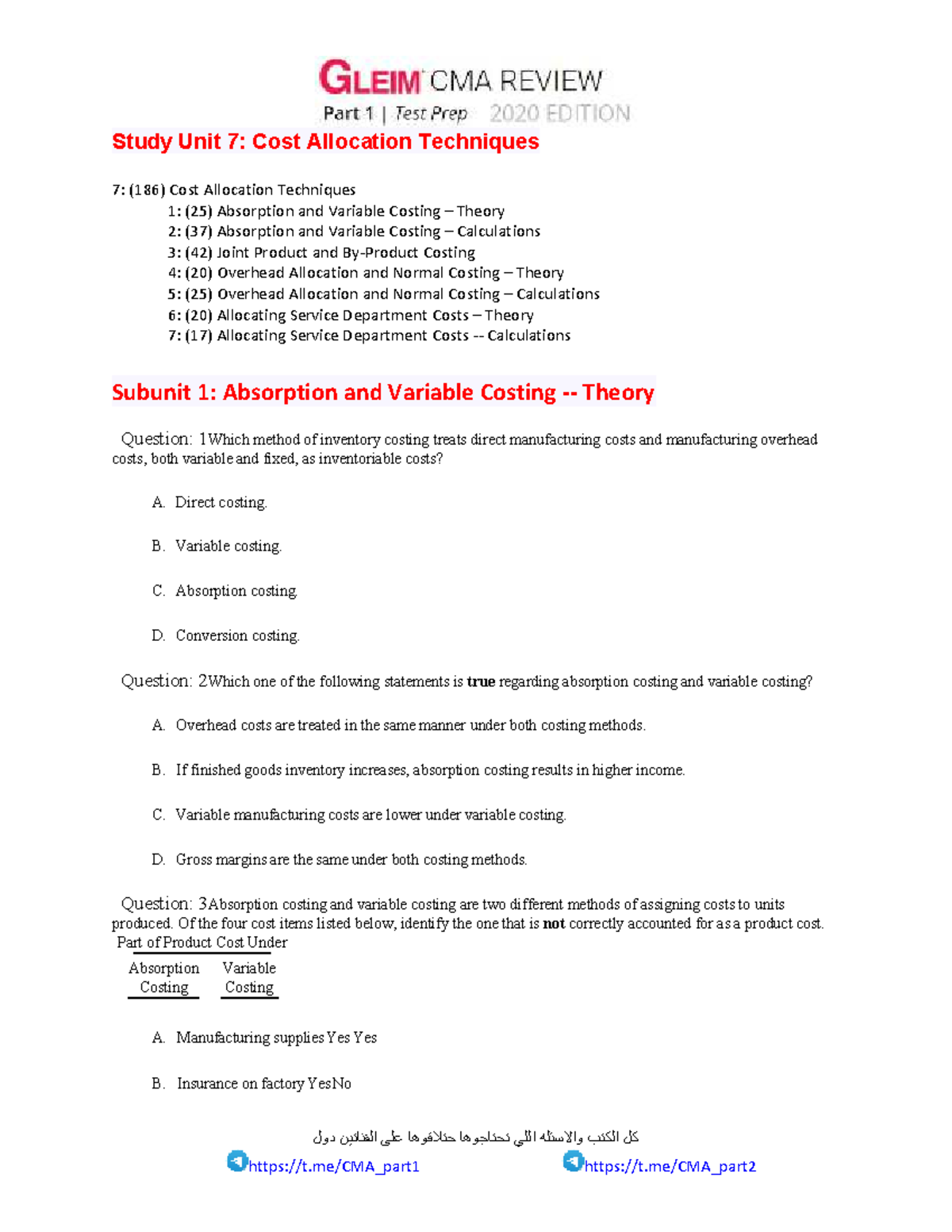 Gleim Cma Review Study Unit 7 Cost Allocation Techniques Cma Cpa ...