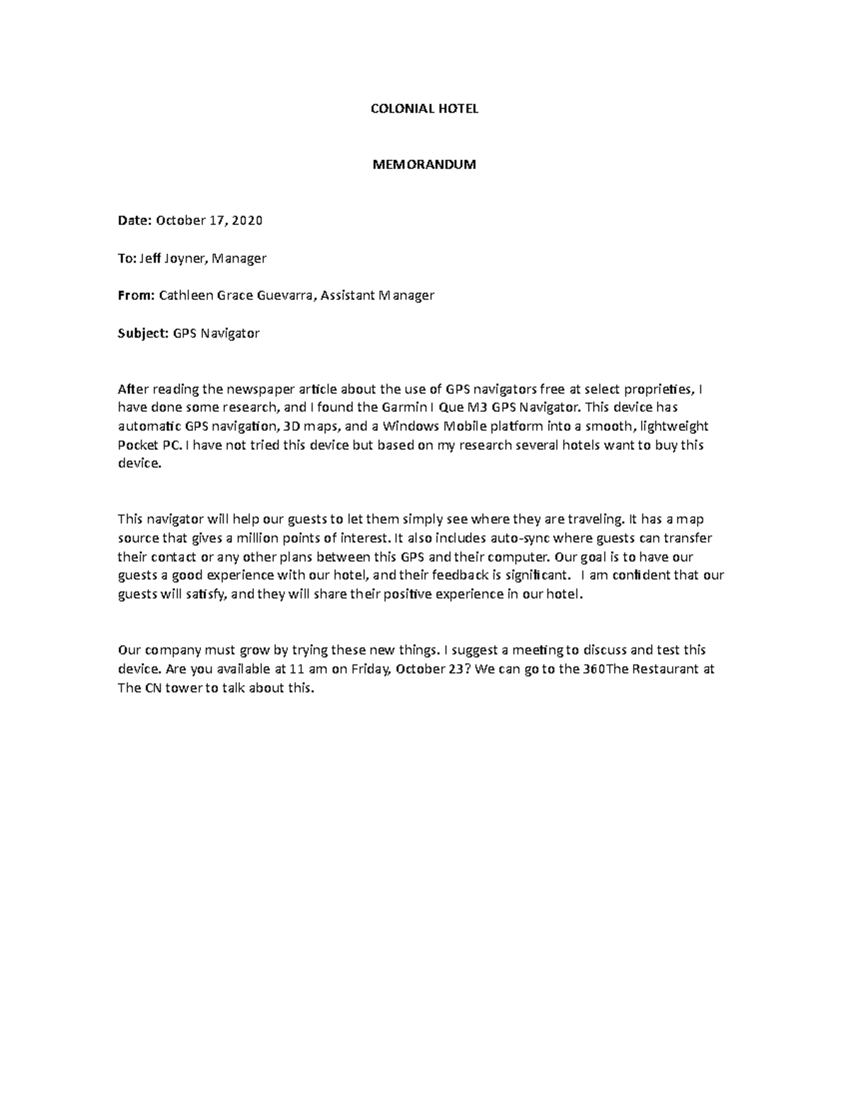 EMAIL AND MEMO ASSIGNMENT - COLONIAL HOTEL MEMORANDUM Date: October 17 ...