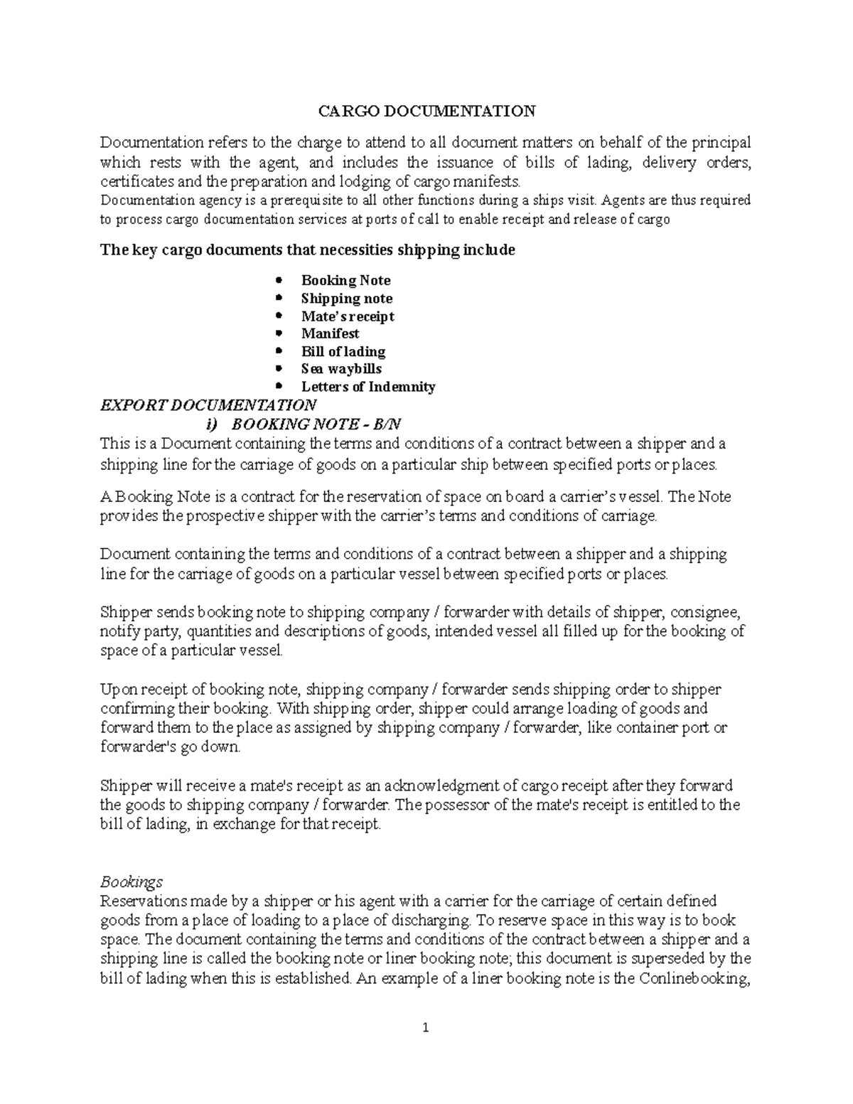 Cargo Documentation - CARGO DOCUMENTATION Documentation refers to the ...