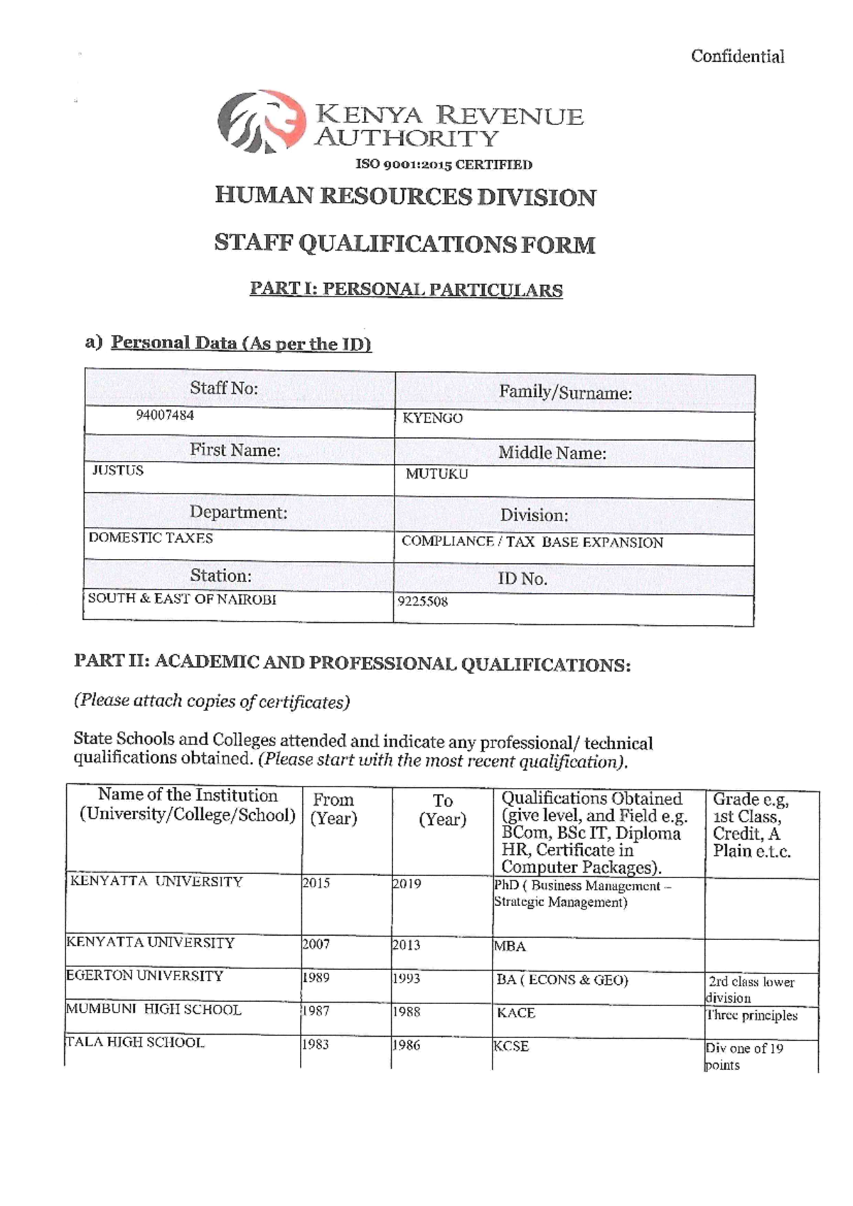 Staff qualification - NOTES - Confidential KENYA REVENUE AUTHORITY ISO ...