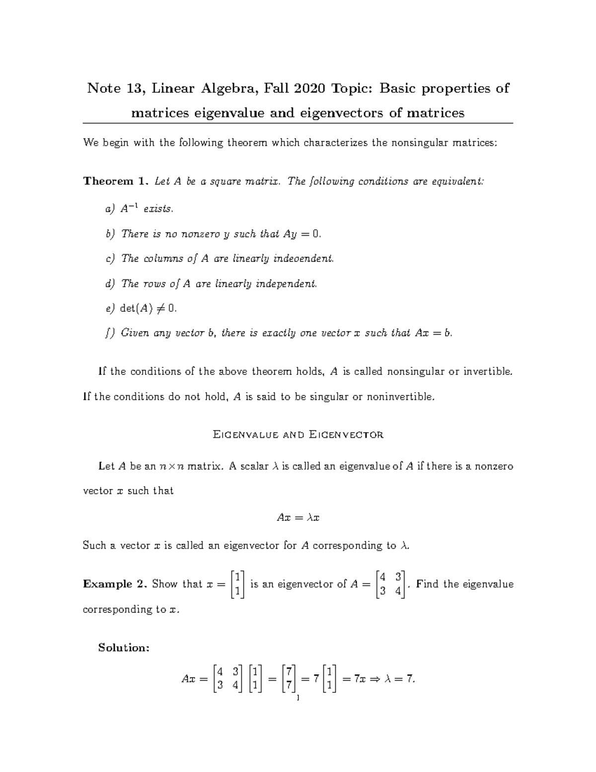 Note1 Basic Properties Of Matrices Eigenvalue And Eigenvectors Of